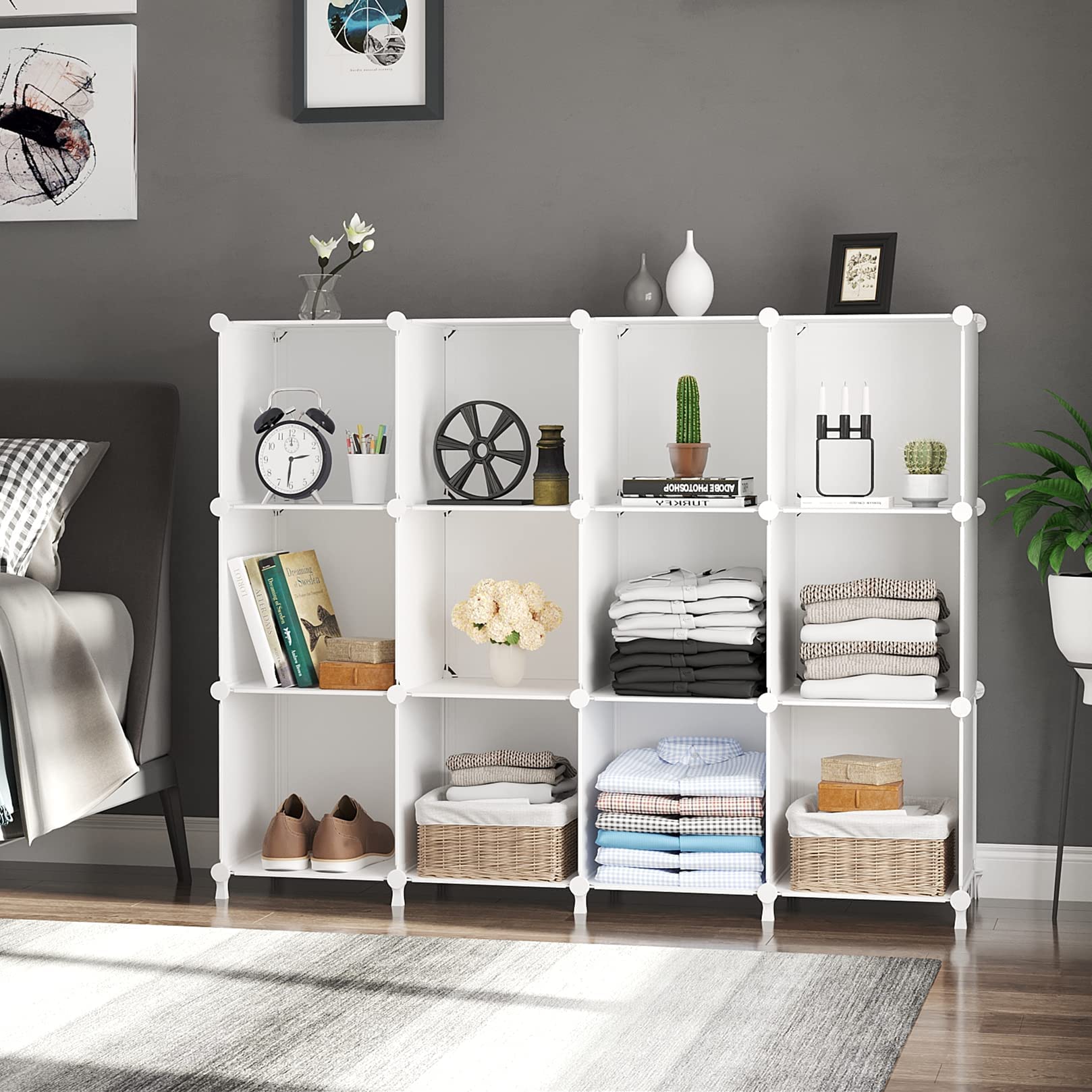 AWTATOS Cube Storage Organizer Modular Storage 12 Cube Bookshelf DIY Plastic Closet Clothes Storage Shelves with Wooden Mallet, Stackable Storage Solution for Home, Office, Bedroom, White