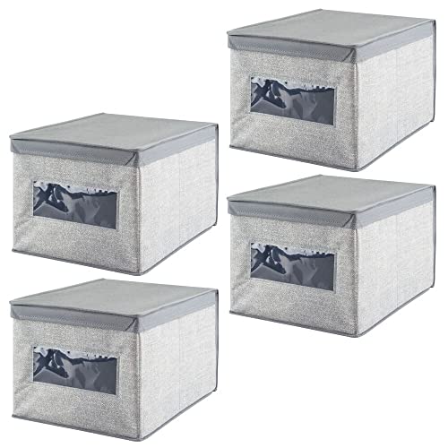 mDesign Large Fabric Stackable Closet Organizer Box with Clear Window/Lid for Bedroom, Office, Bathroom, Mudroom Organization - Shoe, Sweater, Clothes Storage, Lido Collection, 4 Pack, Gray