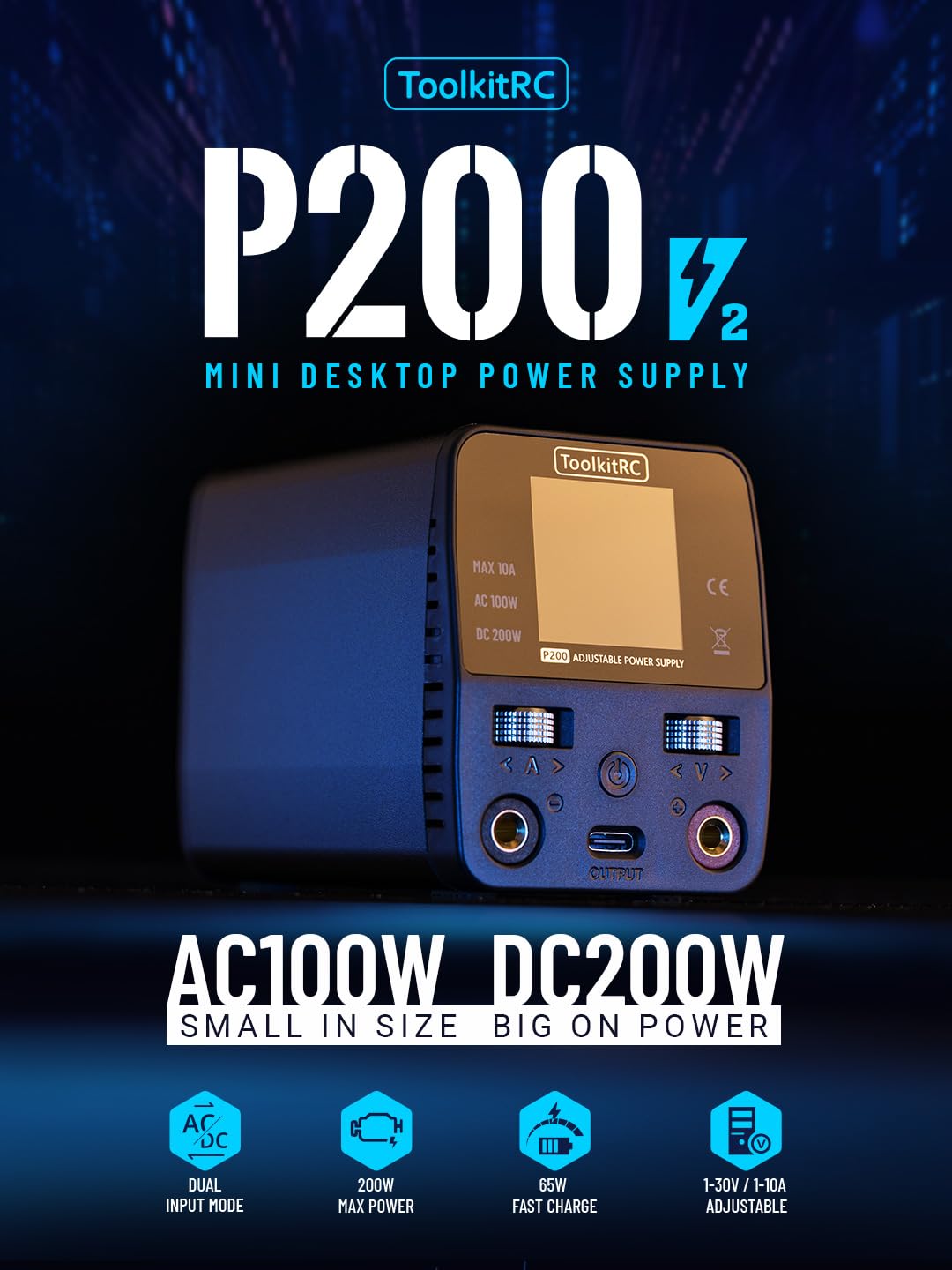 NEW ToolkitRC P200 V2 Mini 30V Supply AC100W DC200W 10A GaN Adjustable Mini Desktop Power Supply USB Output 4.0mm banana female port with TypeC 65W Output fast charging