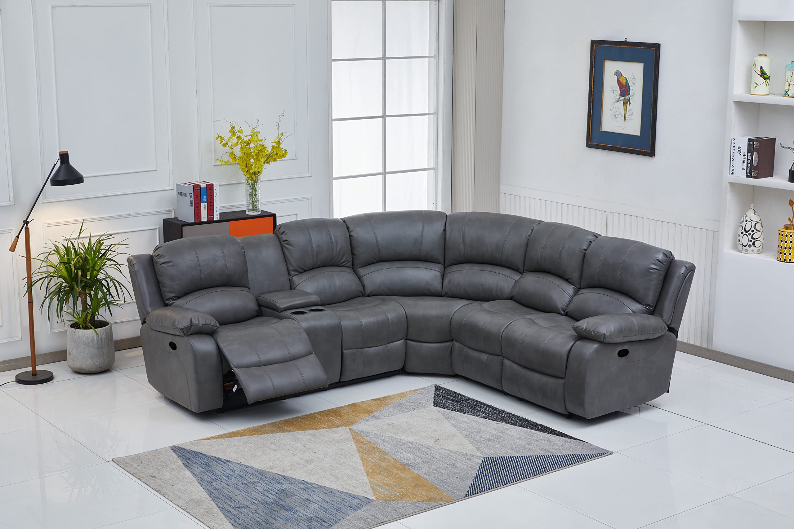 Betsy Furniture Bonded Leather Sectional in Multiple Colors, Sectional with 3 Reclining Seats, Console (Grey, Left Console Sectional)