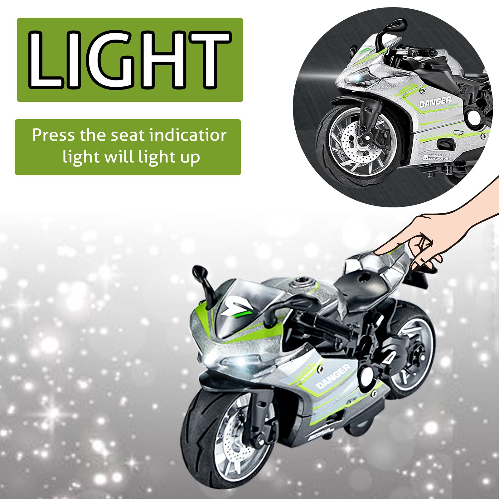 CYYSFIVQZ Toy Motorcycle-Pull Back Motorcycle Toy with Sounds and Lights,1:12 Scale Motorcycle Model Toy for Kids, Pull Back Vehicle for Boys Kids Age 3+ Year Old Supplies (Silver Gray)
