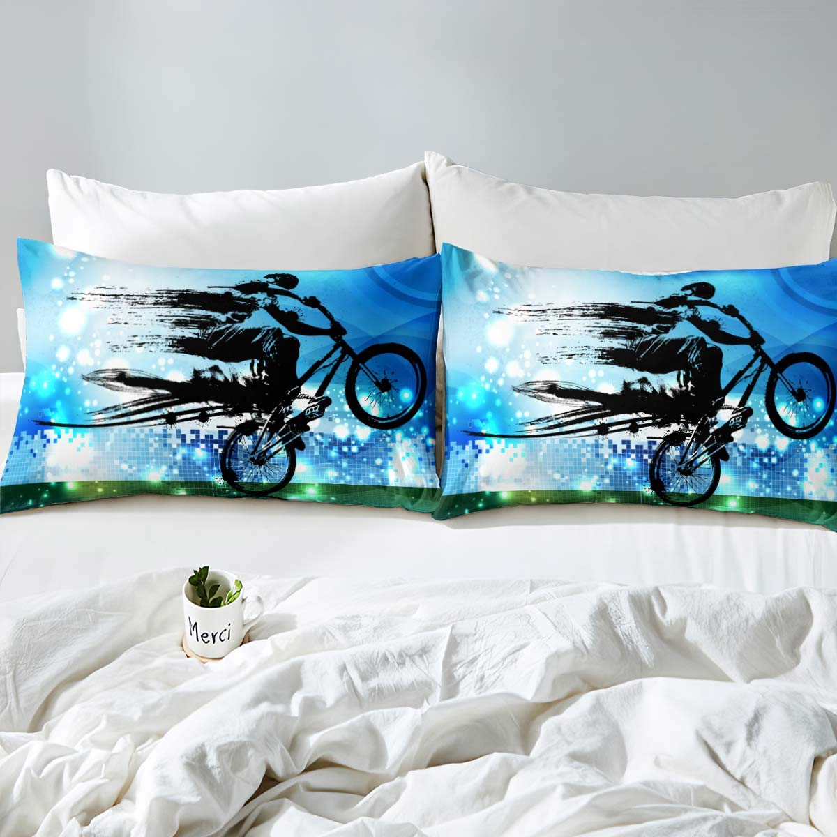 Boys Bedding Set,Dirt Bike Sports BMX Rider Silhouette Blue Halftone Effect Extreme Background,Decor Comforter Cover Full Size 3 Pcs (1Duvet Cover +2 Pillowcases),Zipper