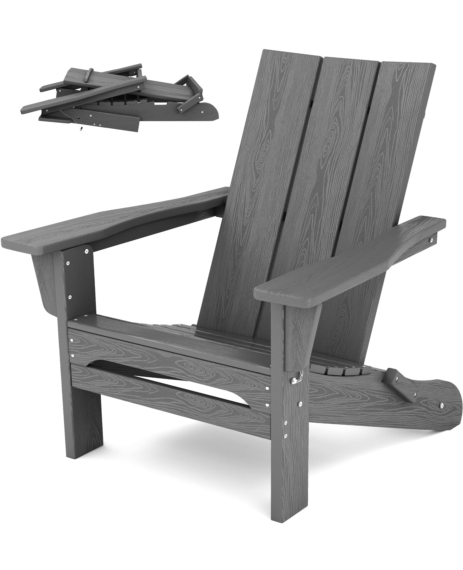 SERWALL Modern Folding Adirondack Chair,Oversized Folding Adirondack Chair with Curved Backrest, HDPE Outdoor Adirondack Chair, Gray