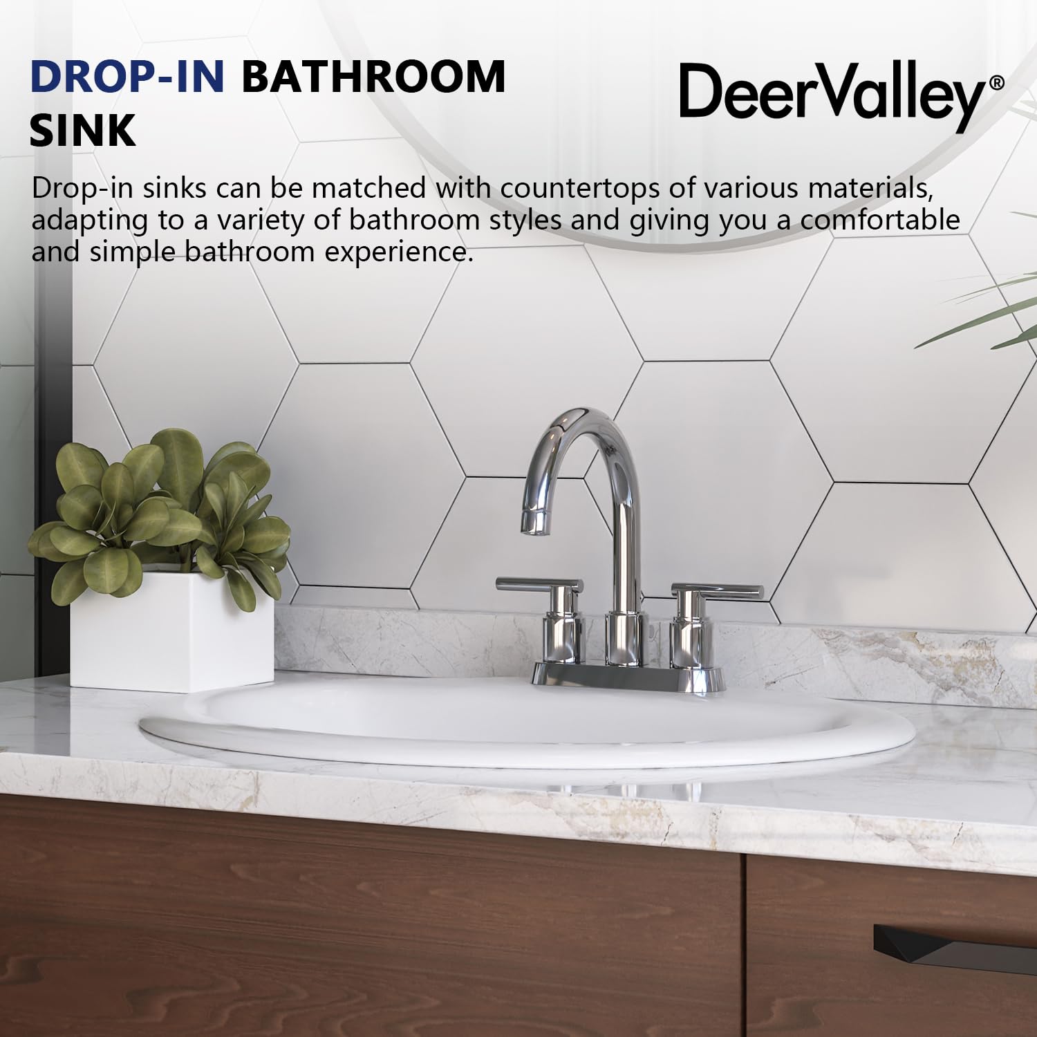 Bathroom Vessel Sink, DeerValley, 20”x17” Oval Ceramic Drop-in Sink for Bathroom White Vessel Sink Modern Art Basin Bathroom Sink with Overflow and Three Faucet Holes at 1.25”, DV-1DS0120