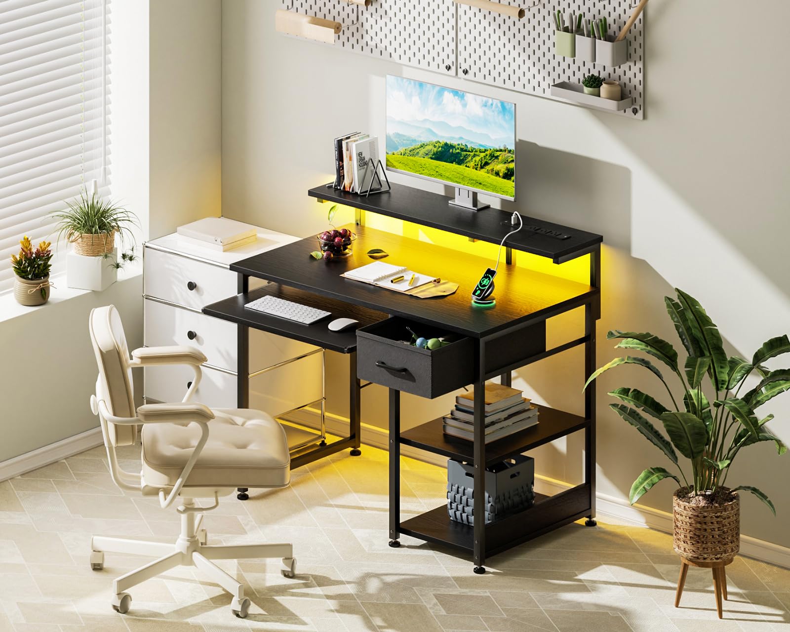 AODK Gaming Desk with LED Lights & Power Outlet, 40 Inch Small Computer Desk with Keyboard Tray, Office Desk with Drawer, Reversible Desk with Adjustable Monitor Shelf and Storage Shelf, Black