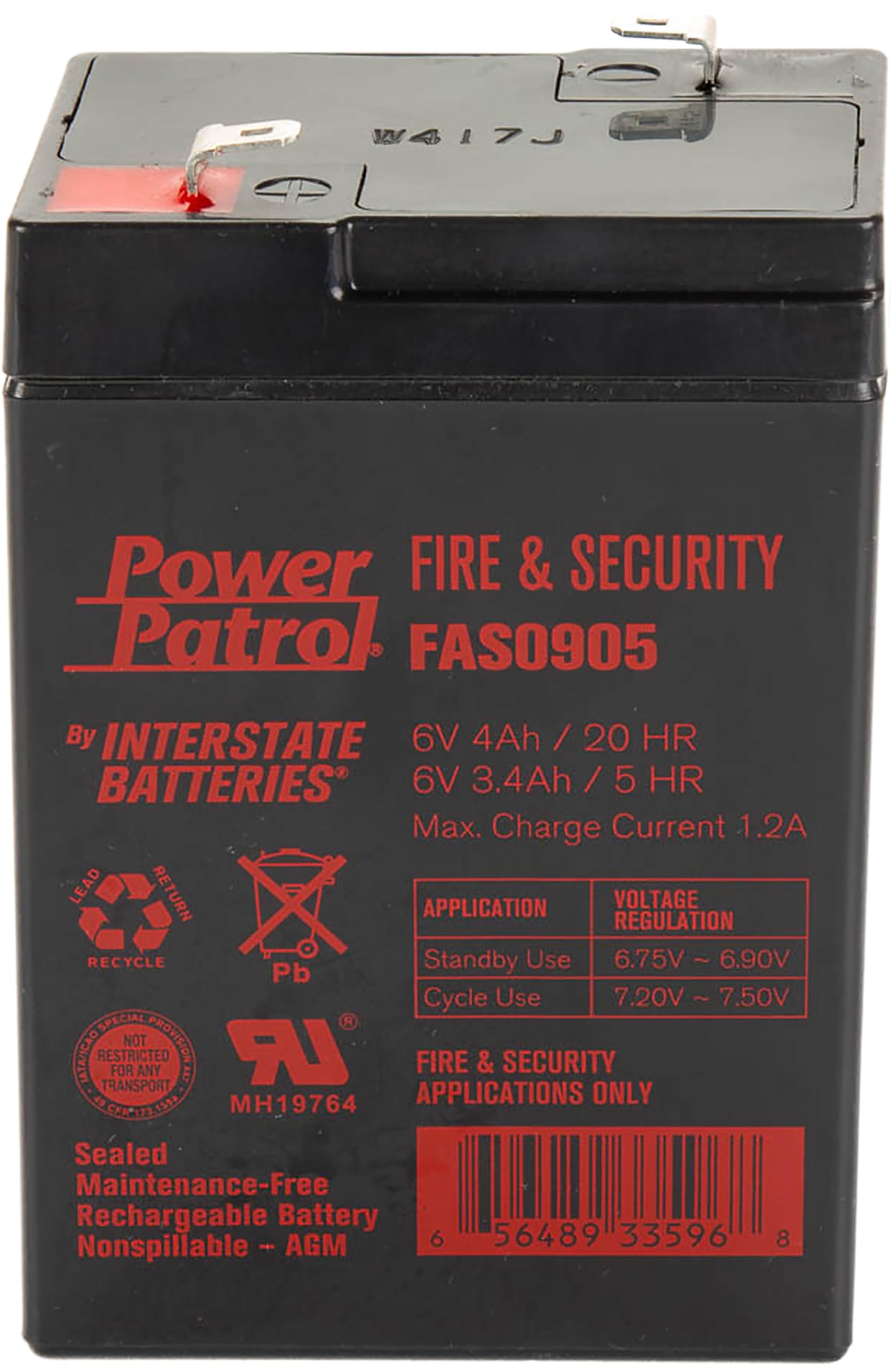 Interstate Batteries 6V 4Ah Fire & Security Battery (F1 Terminal) SLA AGM VRLA Power Patrol Rechargeable Replacement for Fire Alarms, Security Systems, General (FAS0905)