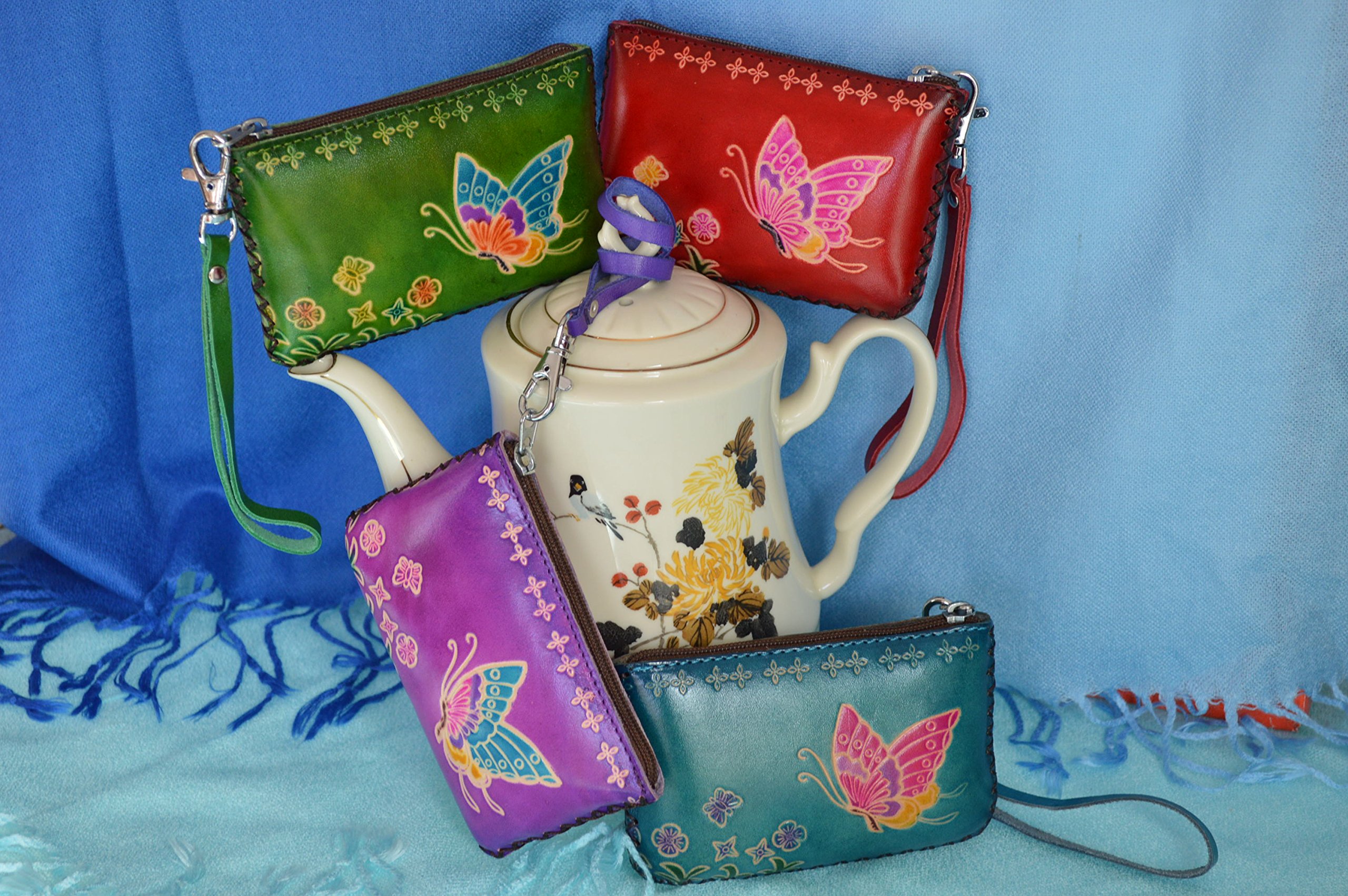 BPLeathercraft Leather Change Purse, handmade Wallet, Rectangle,A Flying Butterfly and Flower (Red-1)