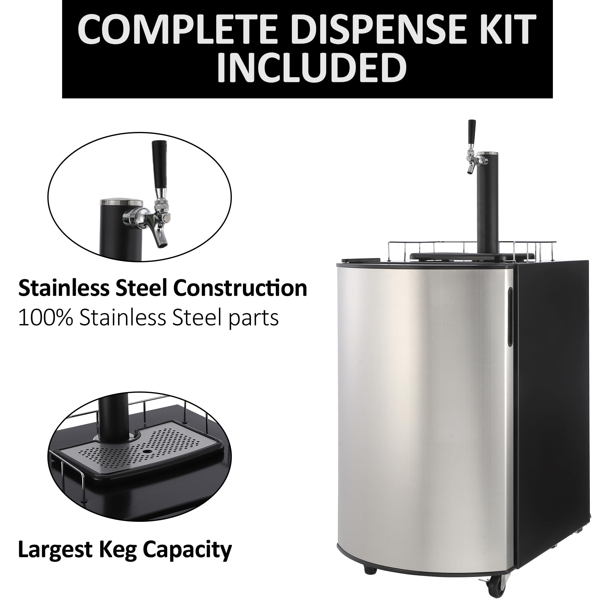 Beer Kegerator, Single Tap Draft Beer Dispenser Full Size Keg Refrigerator With Shelves, Stainless Steel, Drip Tray & Rail,32°F- 50°F Temperature Control Coller 128L