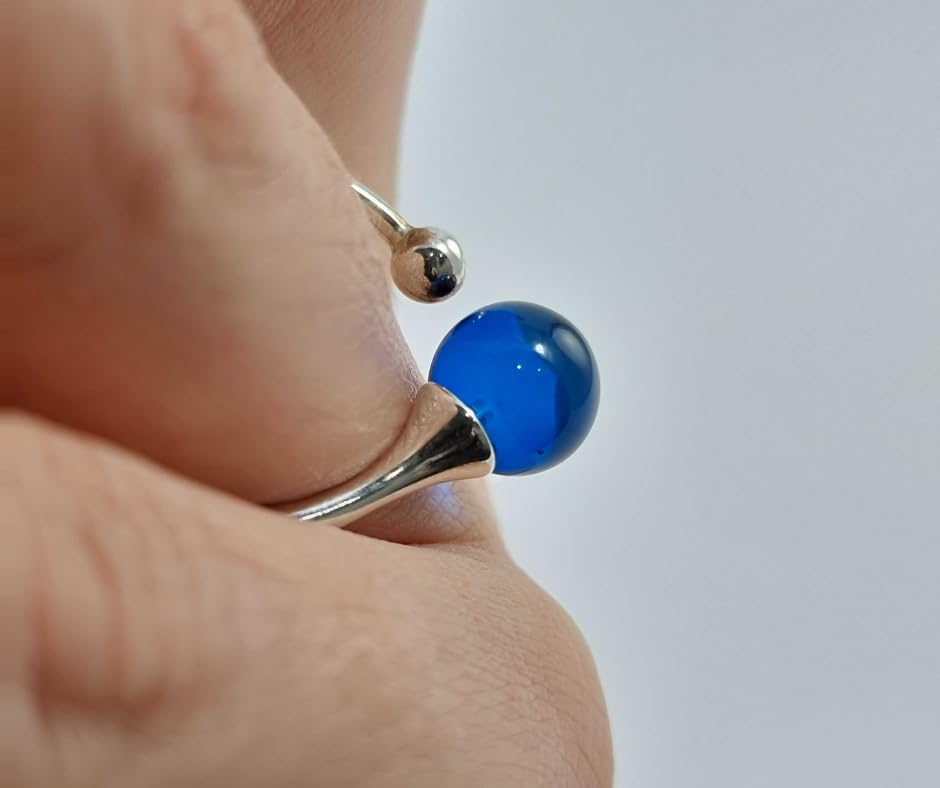 AMBER ALEX Blue Amber Round Bead Adjustable Ring Sterling Silver, Genuine Caribbean Amber.