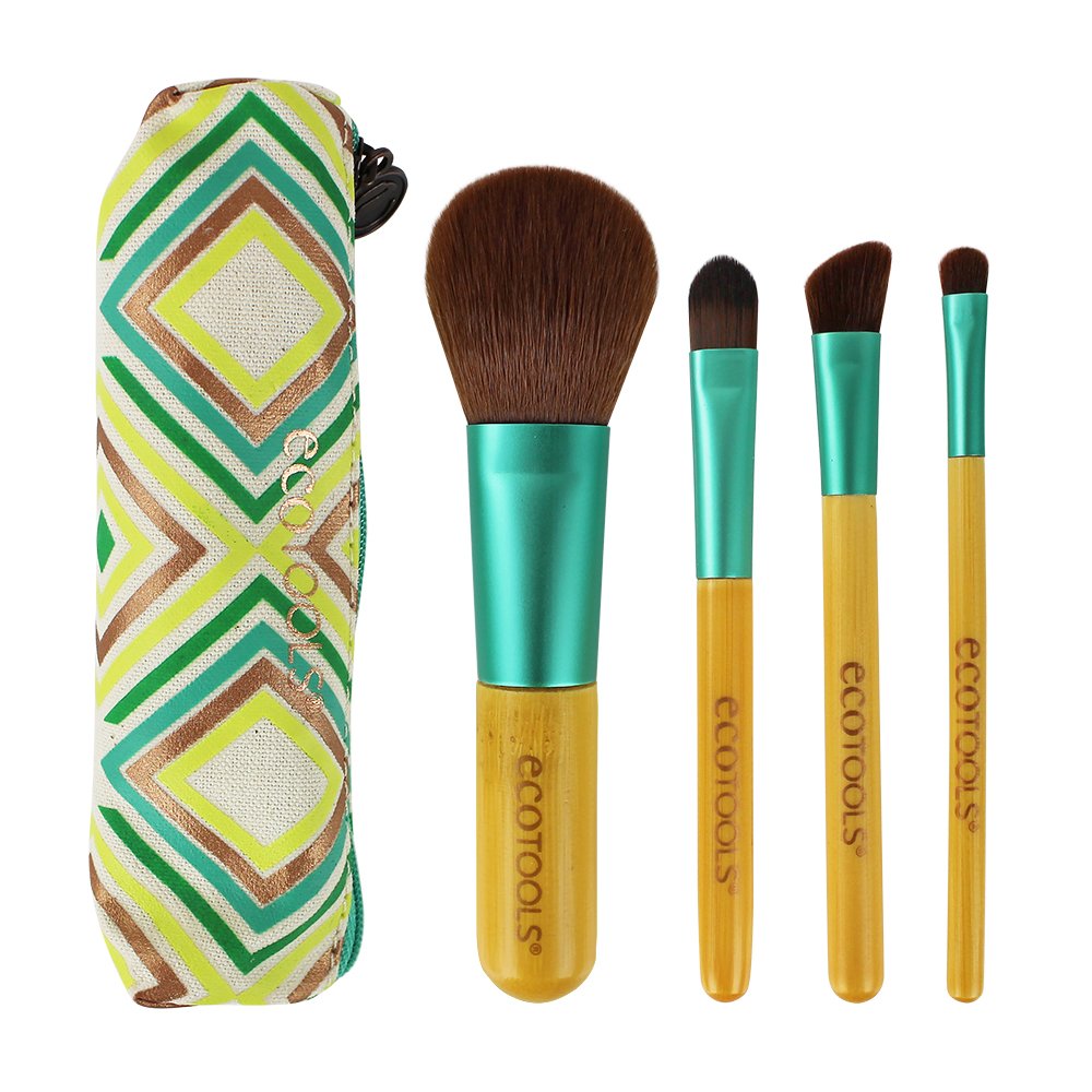 Ecotools Limited Edition Bamboo Boho Luxe Travel Make Up Brush Set, With 4 Travel Size Brushes with Globaly Inspired Cosmetic Bag; Includes Card, Bow, and Box, Great Gift Edition