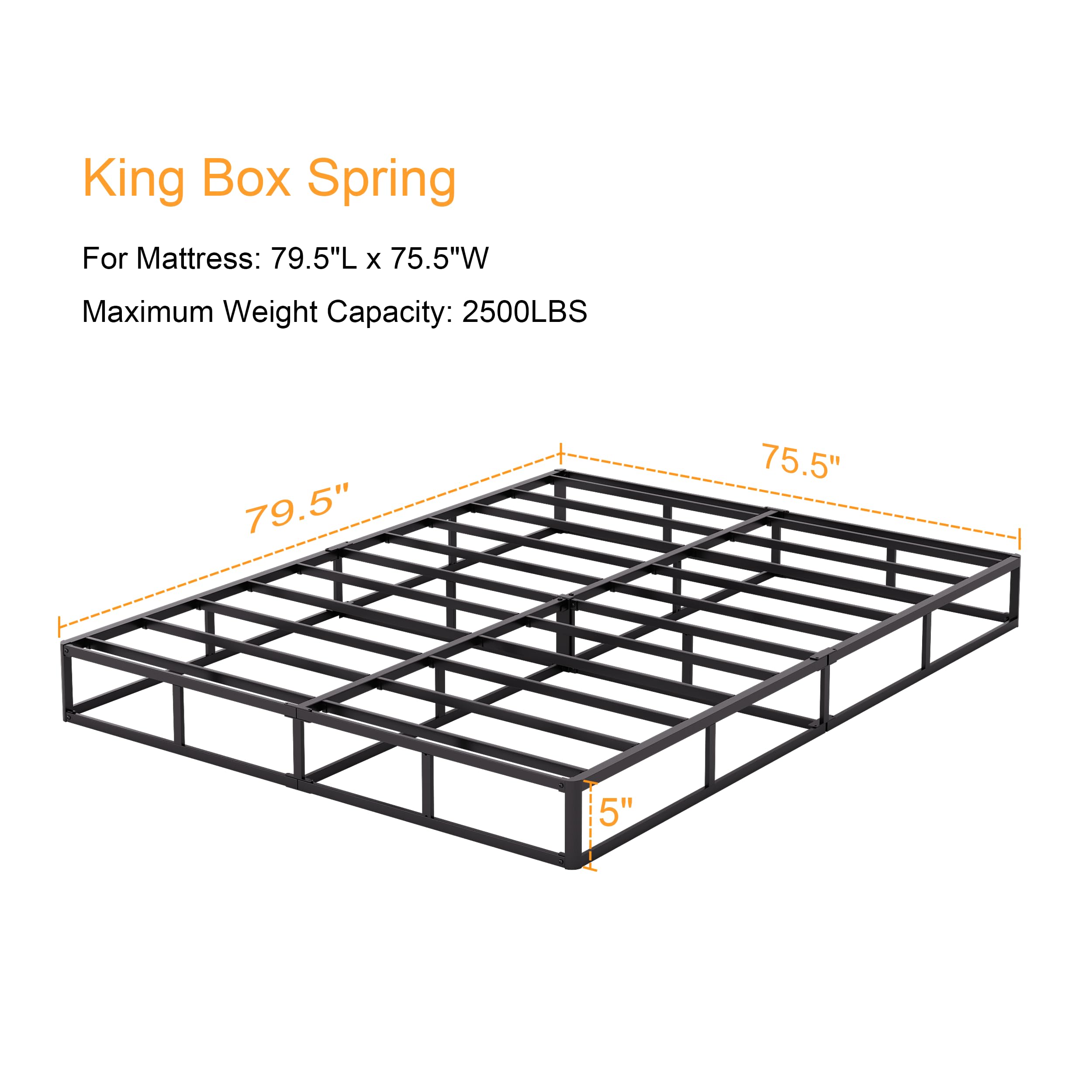 Bednowitz King Box Spring,5 Inch Low Profile Metal Boxspring with Non-Slip Fabric Bed Cover, Sturdy Heavy Duty Steel Structure Bed Base, Noise-Free Mattress Foundation, Easy Assembly,Black