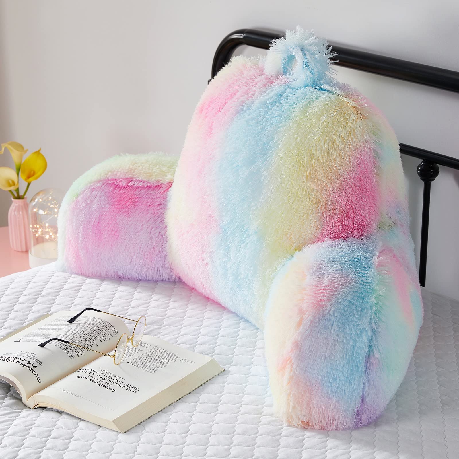Bedriping Reading Pillow for Bed - Faux Fur Backrest Pillow with Arms, Reading & Bed Rest Pillows Rainbow Colors, Fluffy Sit Up Pillow, Study Pillow for Kid, Tween, Teens & Adult Girls