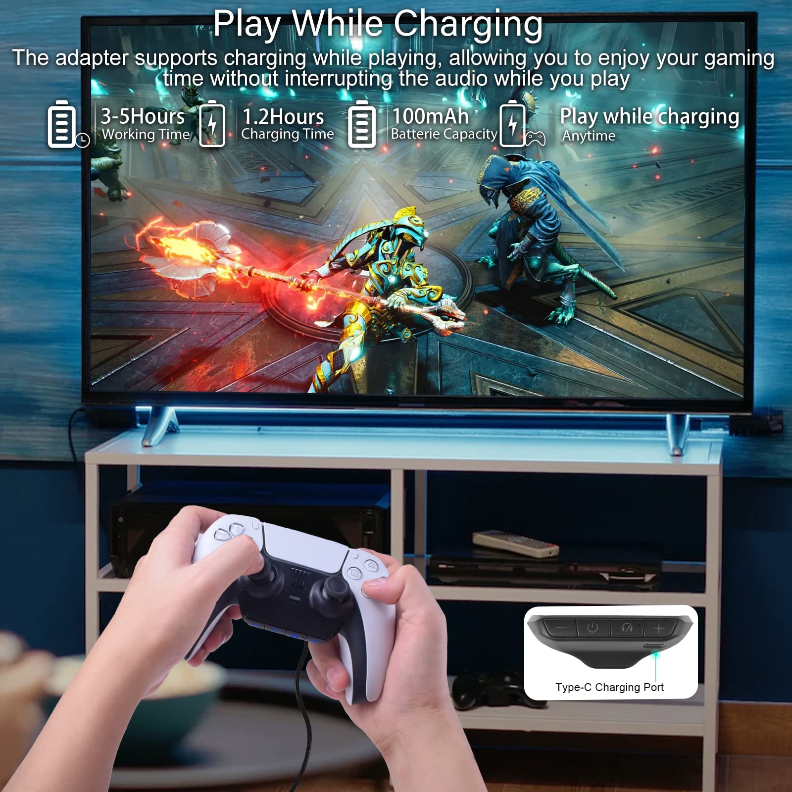 arVin Bluetooth Adapter for PS5 Controller, BT 5.1 Low Latency Wireless Audio Transmitter, One Key Mute, Volume Adjustment, No Driver Needed Game Accessories for PS5 AirPods Sony Bose Earbuds Speakers