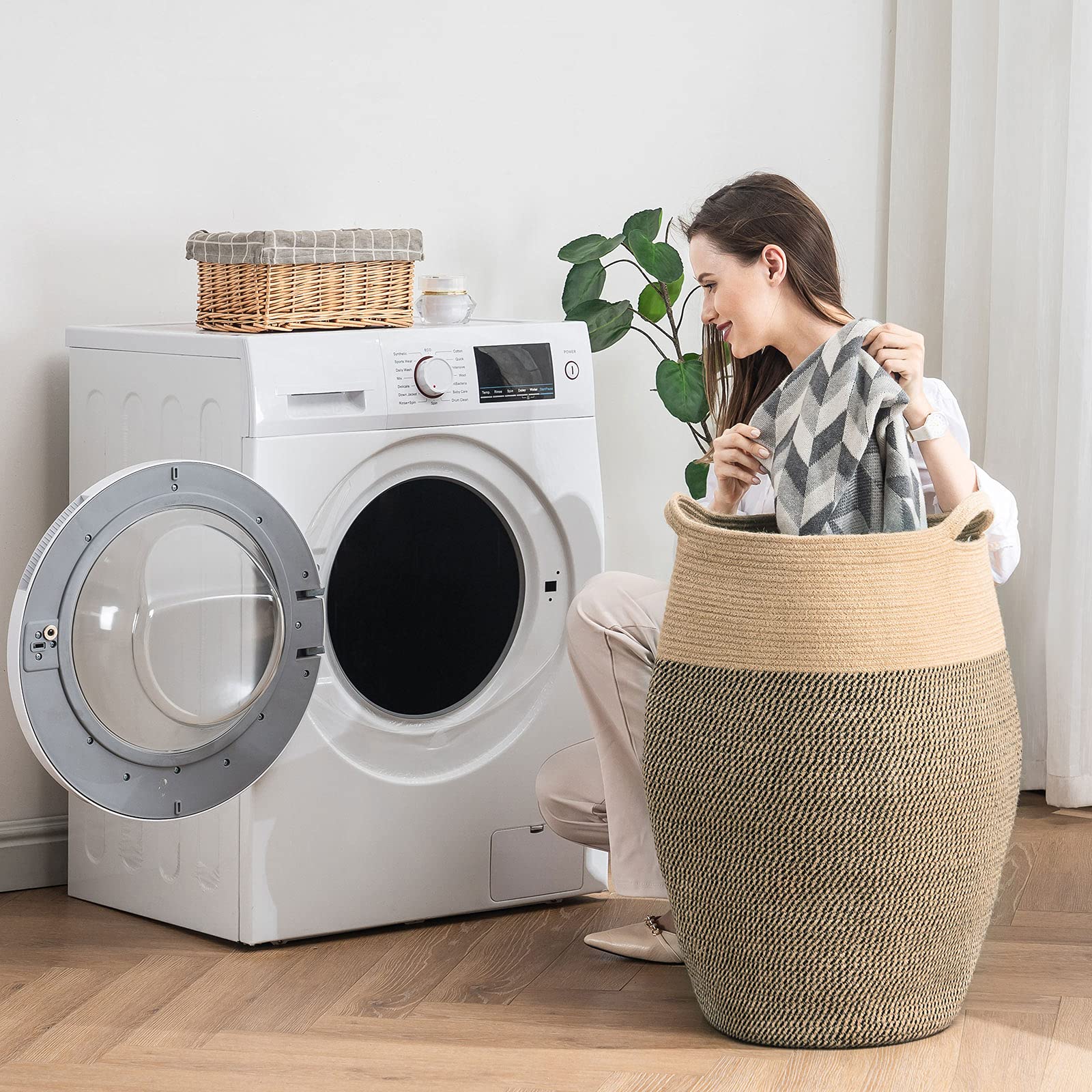 Cotton Rope Laundry Hamper by YOUDENOVA, 105L - Woven Collapsible Laundry Basket - Clothes Storage Basket for Blankets, Laundry Room Organizing, Bedroom Storage, Clothes Hamper β Dark Brown