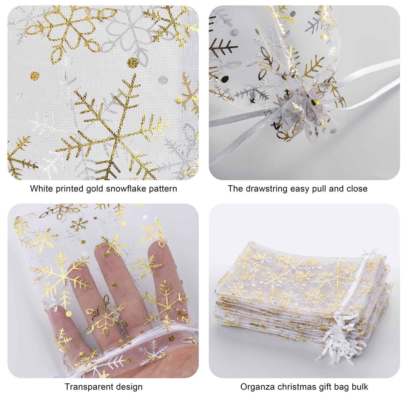 HongyiTime 100 PCS 4X6 inch Snowflake Organza Gift Bags Christmas, White Mesh Jewelry Pouches Little Drawstring Candy Bags