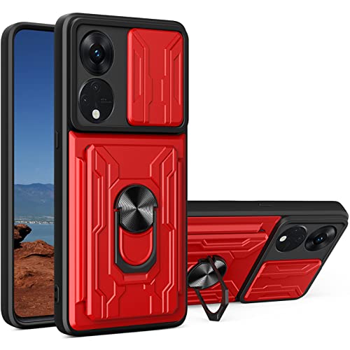 CCSmall for Oppo Reno8 T 5G Case with Slide Camera Cover, Heavy Duty Protective with Ring Kickstand & Card Holder Cell Phone Case for Oppo Reno8 T 5G LJK Red
