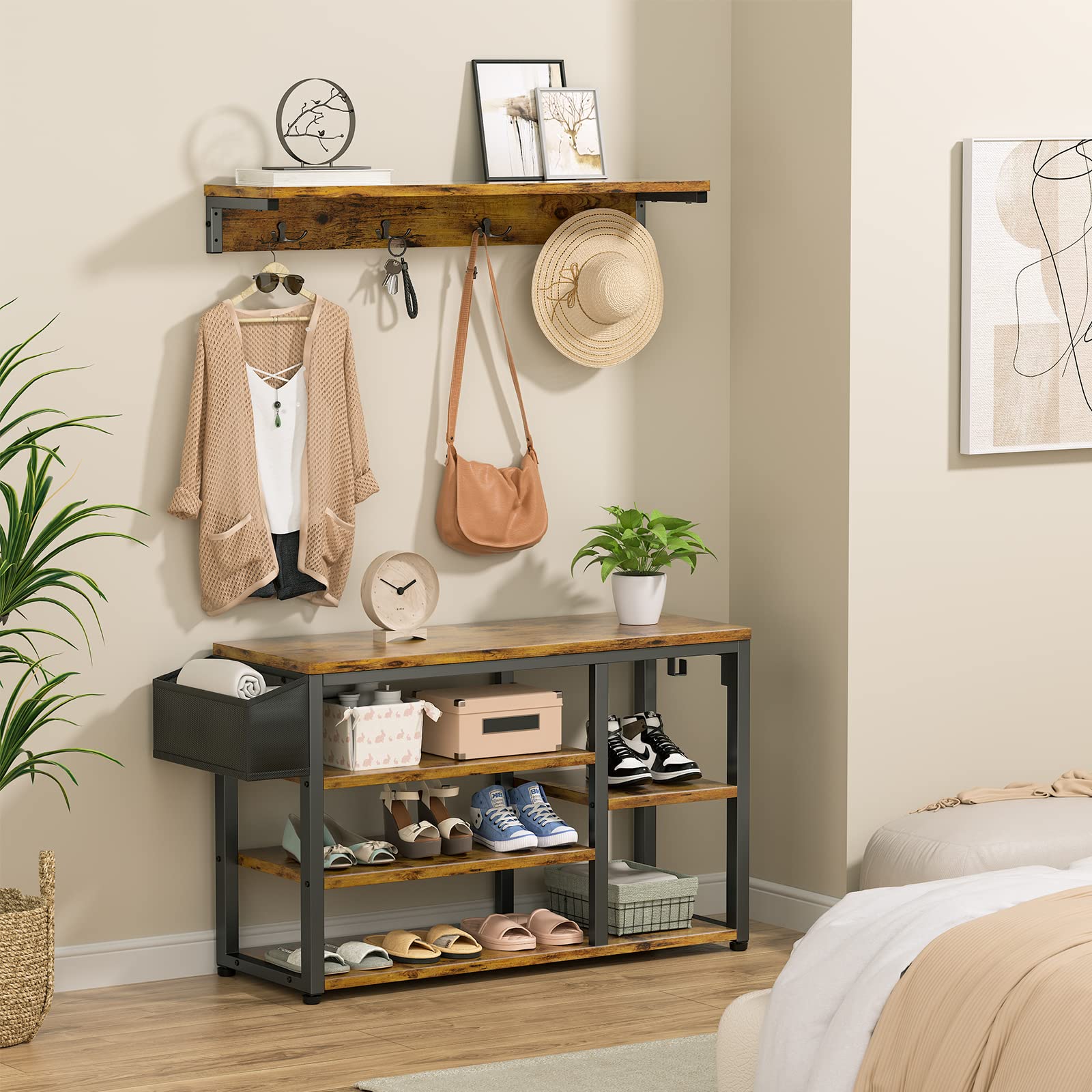 Aiho Hall Tree Shoe Bench with Storage, 4 in 1 Coat Rack Set, Industrial Bench with 4 Hooks, 5 Storage Shoe Cubbies, for Entryway, Hallway, Rustic Brown