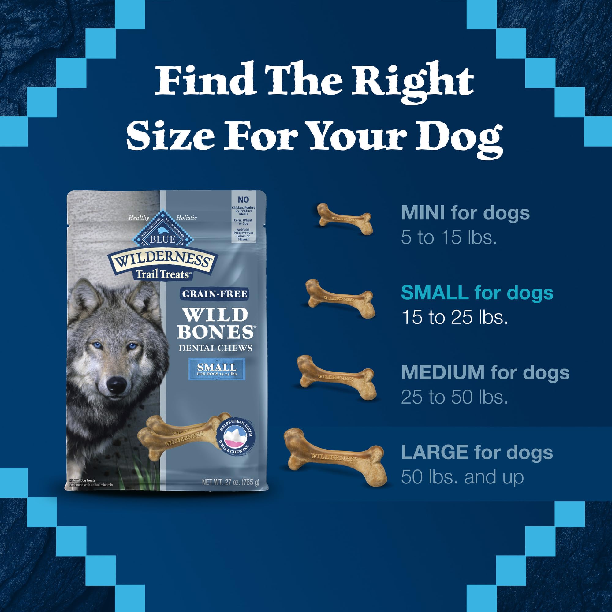 Blue Buffalo Wilderness Wild Bones Grain-Free Dental Chews Dog Treats, Small, 27-oz Bag