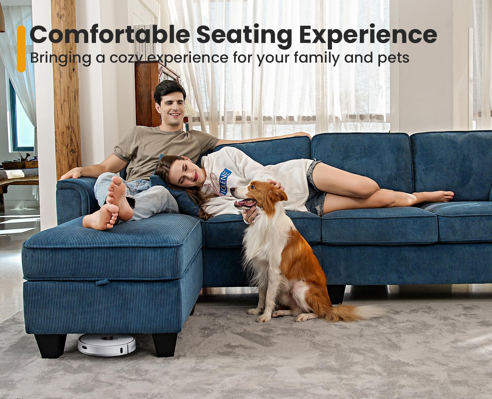 KKL 106” Convertible Sectional Sofa, L Shaped Couch with Storage Ottoman, 4 Seat Convertible Couch for for Living Room, Corduroy, Green