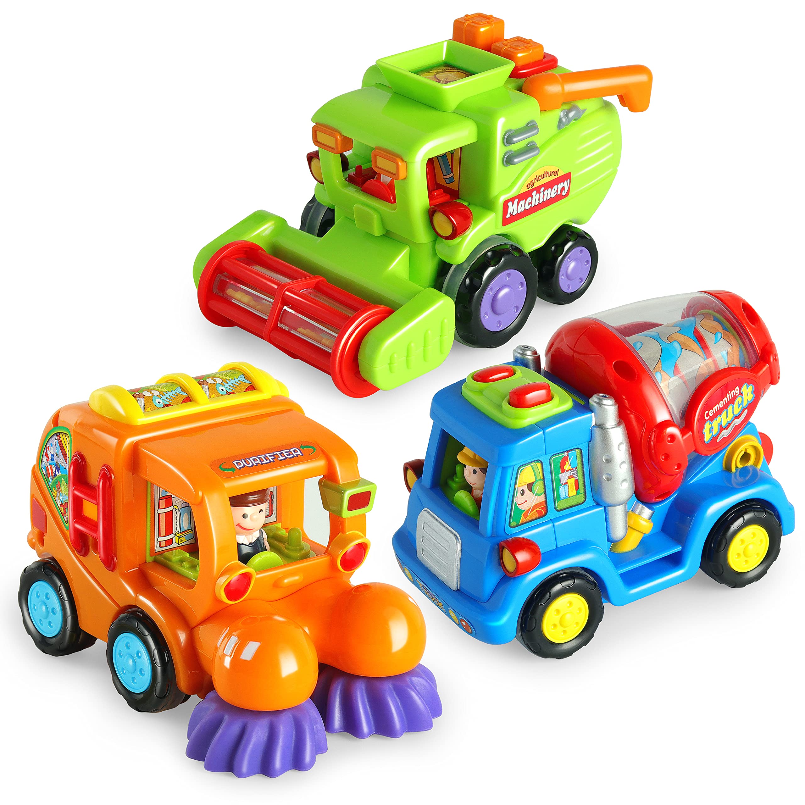 Coogam Friction Powered Cars 3 Pack Construction Vehicles Toys Set of Harvester,Sweeper,Cement Mixer Trucks for Year Old Kids Gifts