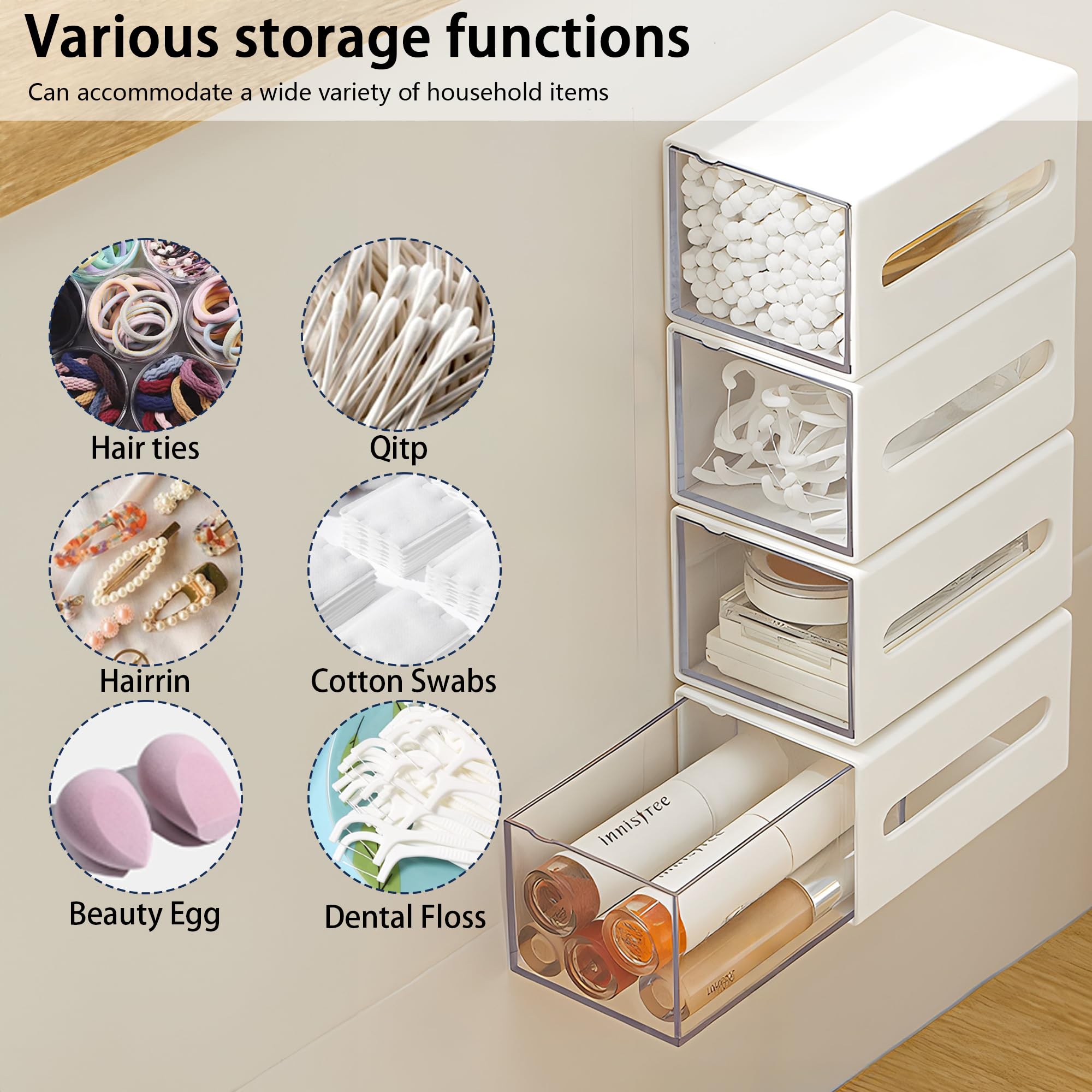 Wall Mounted Qtip Holder Canisters, Bathroom Organizers and Storage, Multi-Functional Double-Sided Drawer, for Cotton Balls, Swabs, Floss, Hair Tie, No Drilling(3 Pack)