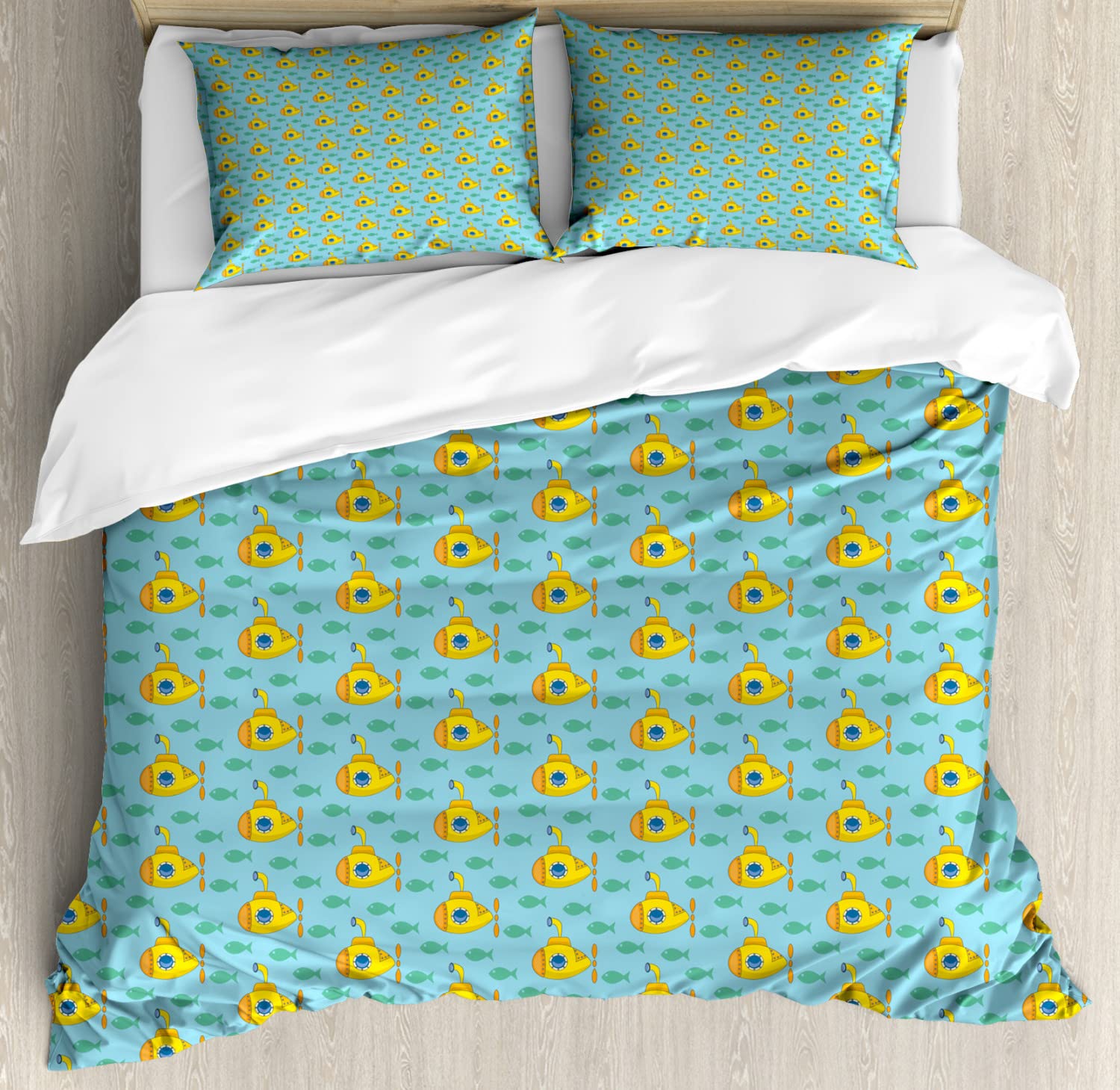 Ambesonne Yellow Submarine Duvet Cover Sets, Aqua Pattern with Little Fish Fun Nautical Porthole Periscope Ocean Theme, Bedding Set with 2 Duvet Covers 4 Pillowcases, 2 Pack Cal King Size, Aqua Yellow