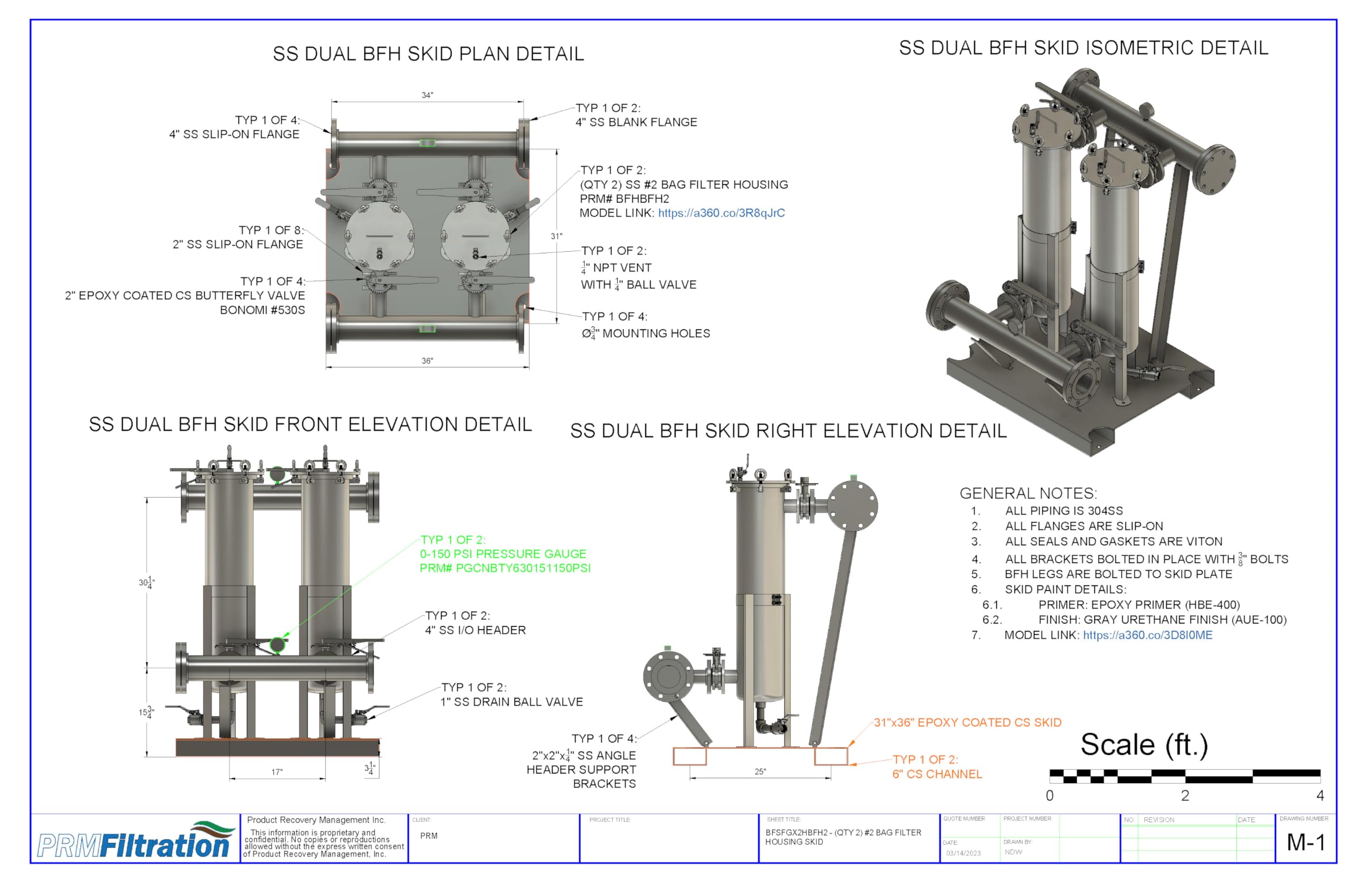 PRM Dual Bag Filter Housing Skid; #2 Size; Bolt Plate Lid; 304 SS; 4" Flange in/Out;150 psi