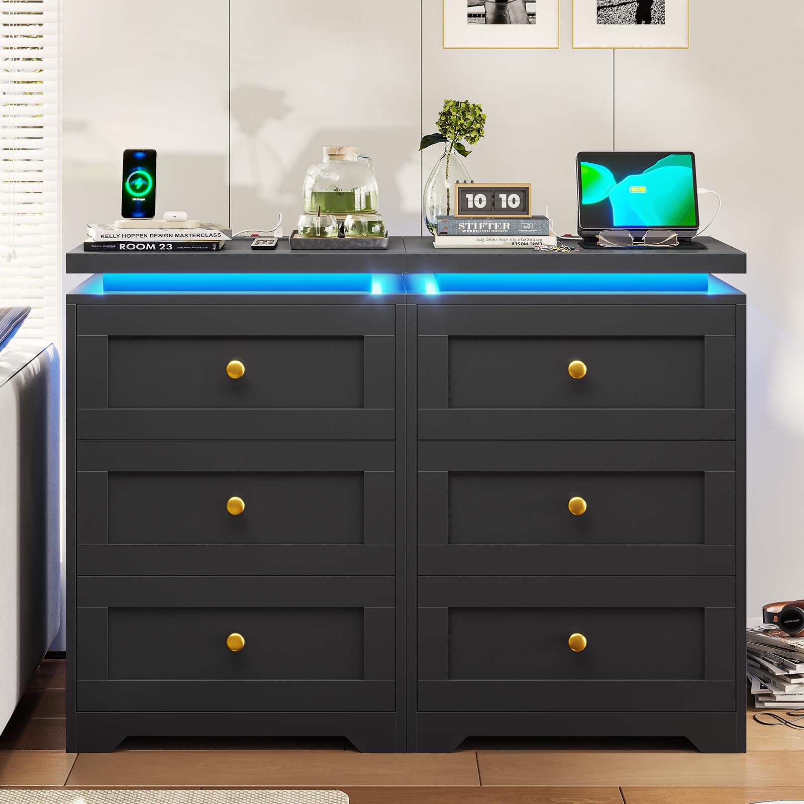 AOGLLATI Black Night Stand Set of 2, Nightstand Set 2 with Charging Station & 3 Drawers, Modern Bedside Table with LED Lights, Wooden LED End Side Tables for Bedroom, Unique Top Design