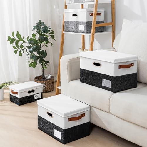 BeigeSwan Medium 23 Liter Collapsible Stackable Storage Bins with Lids, 3 Packs Foldable Fabric Closet Boxes Lidded Storage Bins Heavy-duty Fabric Baskets Organizers Storage (15.4” x 10” x 9.5”)