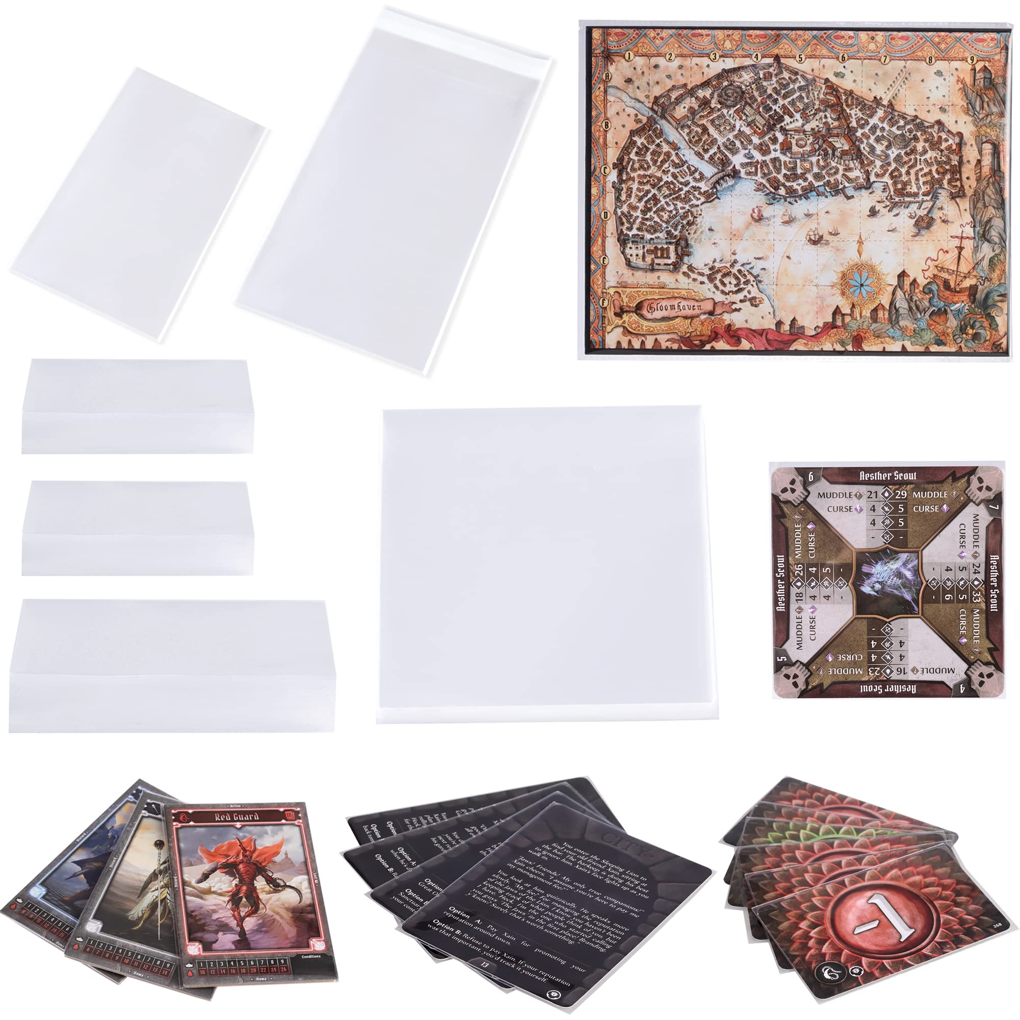 Dephia 900 Clear Protective Sleeves 5 Different Sizes Compatible for Gloomheaven Jaws of Lion Game Protective Bag