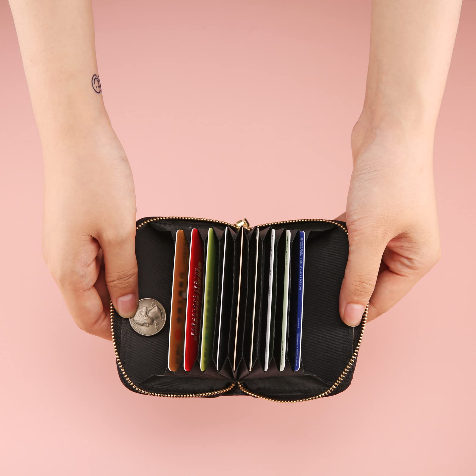 AsAlways RFID Rhinestone Credit Card Holder Multilayer Zipper Case Bling Crystal Slim Small Wallet for Women