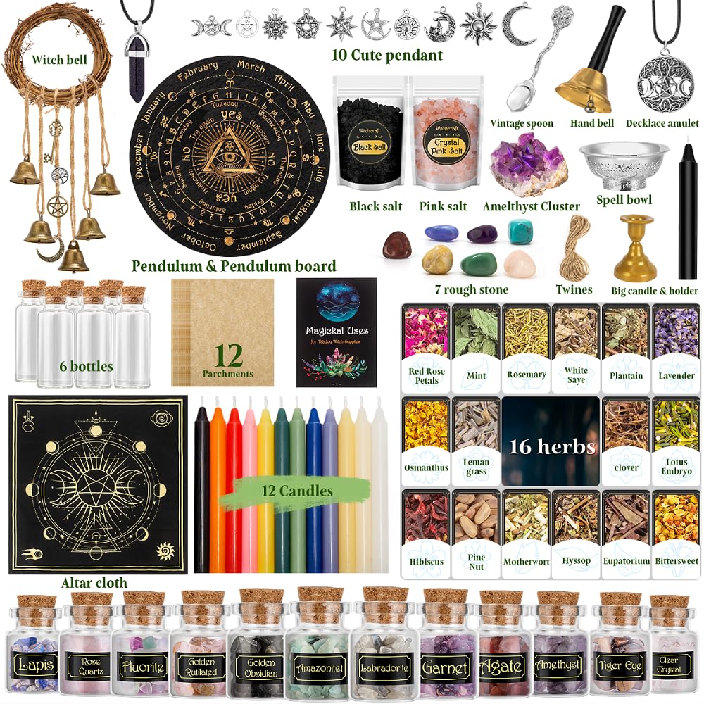 Witchcraft Supplies Witch Stuff Spell Kit 60PCS, Wiccan Supplies and Tools, Include Herb Crystal Candle Amethyst Altar Bowl Witch Bell, Witch Gift Wiccan Starter Kit Altar Supplies Pagan Decor