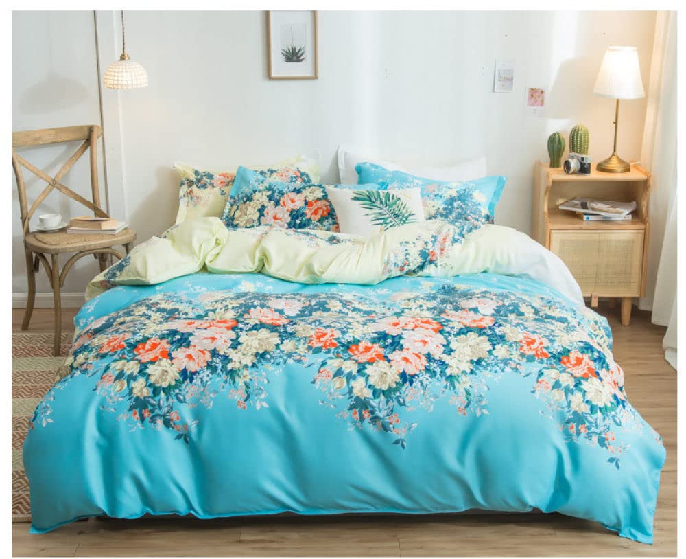 JFNISS 4 Piece Duvet Cover Set (1 All Season Design Duvet Cover + 2 Pillow Shams + 1 Flat Sheet) with Colorful Flowers, Comforter Cover with Zipper Closure,Queen