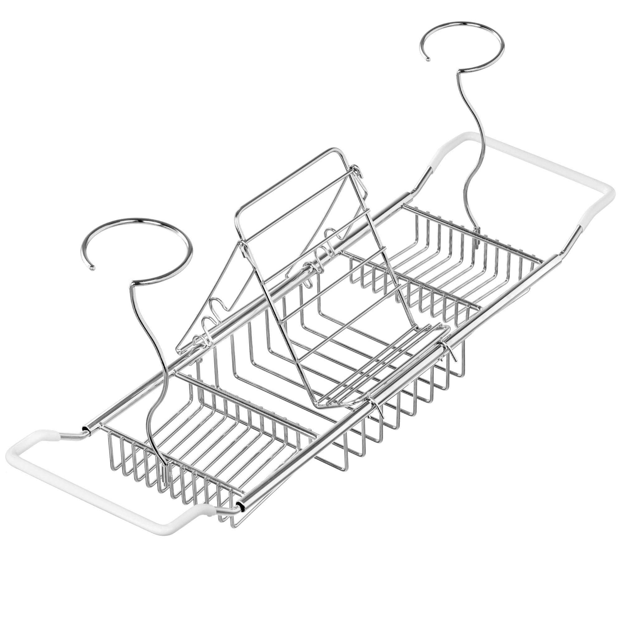 iPEGTOP Stainless Steel Bathtub Caddy Tray - Over Bath Tub Racks Shower Organizer with Extending Sides, Removable Wine Glass Book Holder