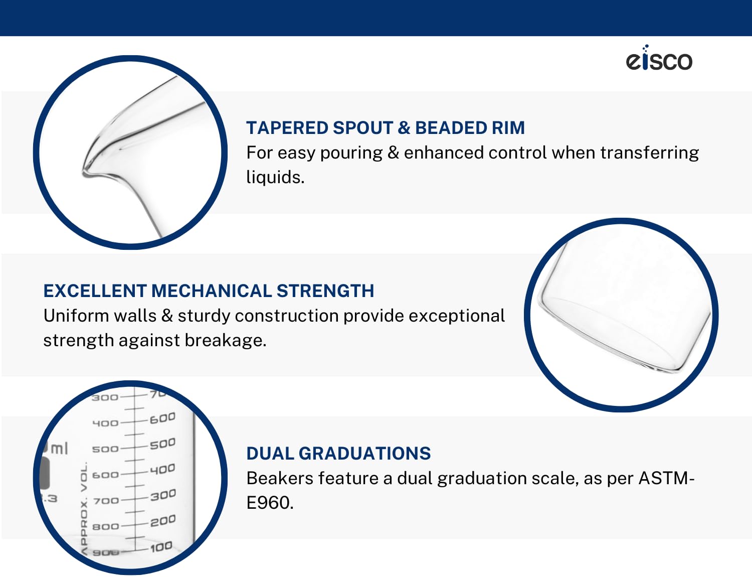 EISCO 6PK Beakers, 400ml - ASTM - Low Form with Spout - Dual Scale, White Graduations - Borosilicate 3.3 Glass Labs