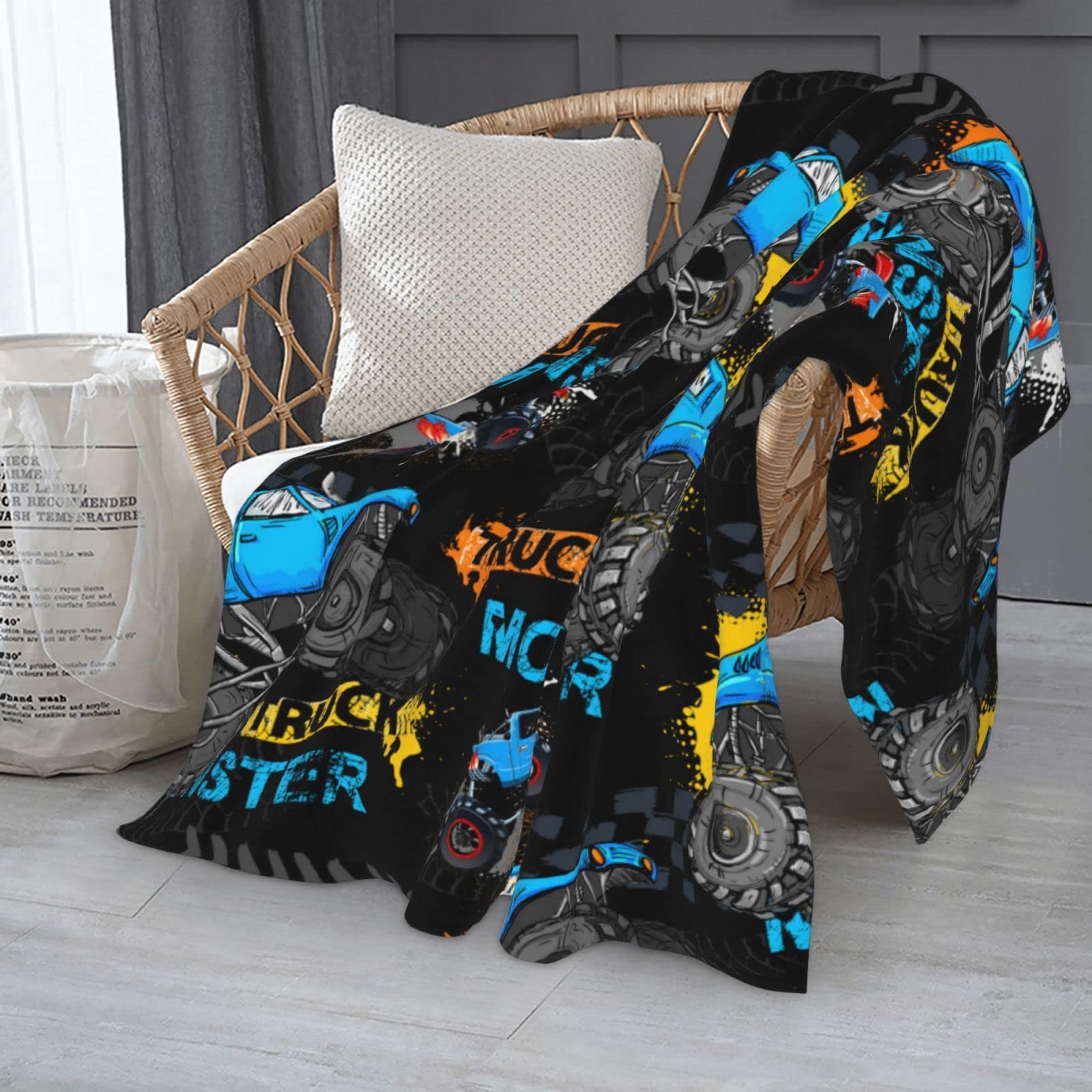Monster Cartoon Truck Throw Blanket Car Gift for Boys Kids Bedding Room Decor Flannel Blankets Microfiber Soft Warm for Couch Sofa Bed Livingroom Beach Travel 50"x40"