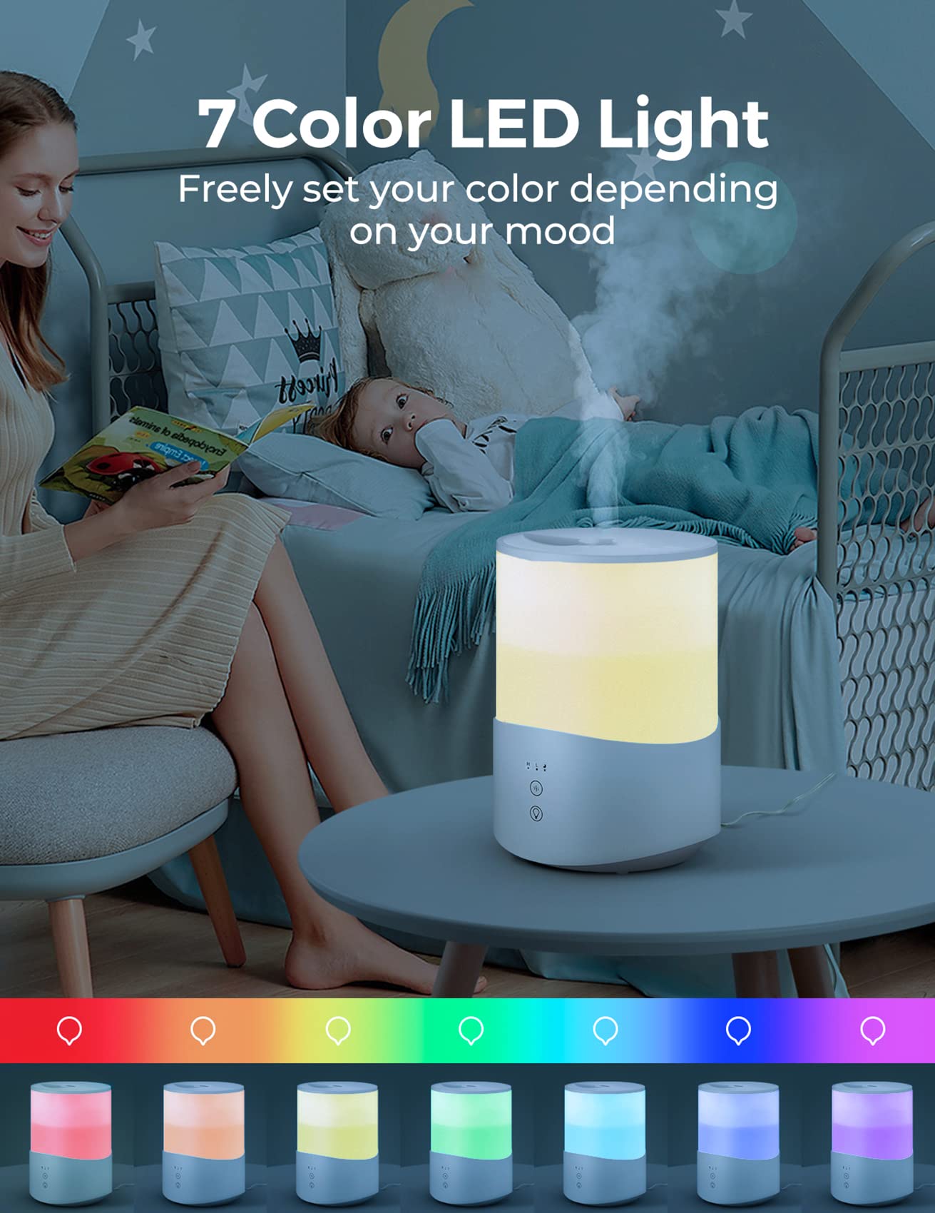 Cool Mist Humidifier, 2-in-1 Essential Oil Diffuser for Baby Kids Nursery, 2.5L Top Fill Humidifier with 7-Color Night Lights for Bedroom Office, Humidifier with Adjustable Mist Mode, Auto Shut Off