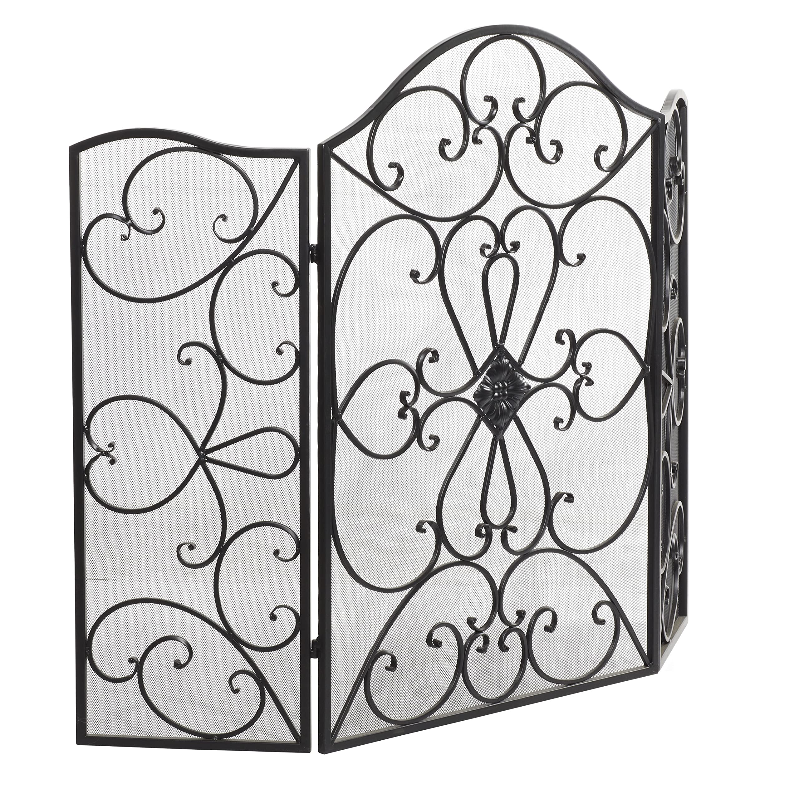 Deco 79 Metal Scroll Foldable 3 Panel Fireplace Screen with Mesh Netting, 49" x 1" x 36", Black