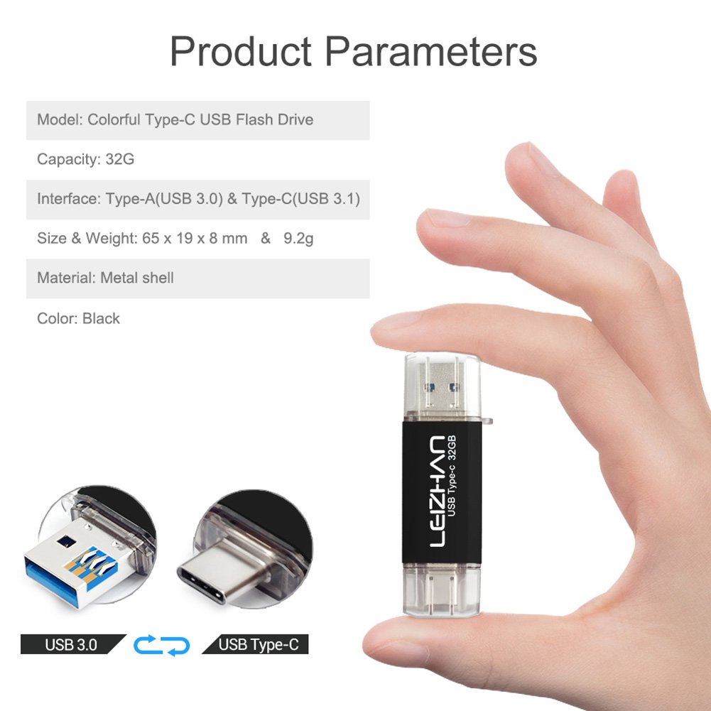 LEIZHAN USB C Flash Drive 32GB Type C Thumb Drive for Samsung Galaxy S10, S10e, S9, S8, S8 Plus, LG G5 G6, Google Pixel XL Data Storage Photo Stick USB 3.0 Type C Pendrive, Black