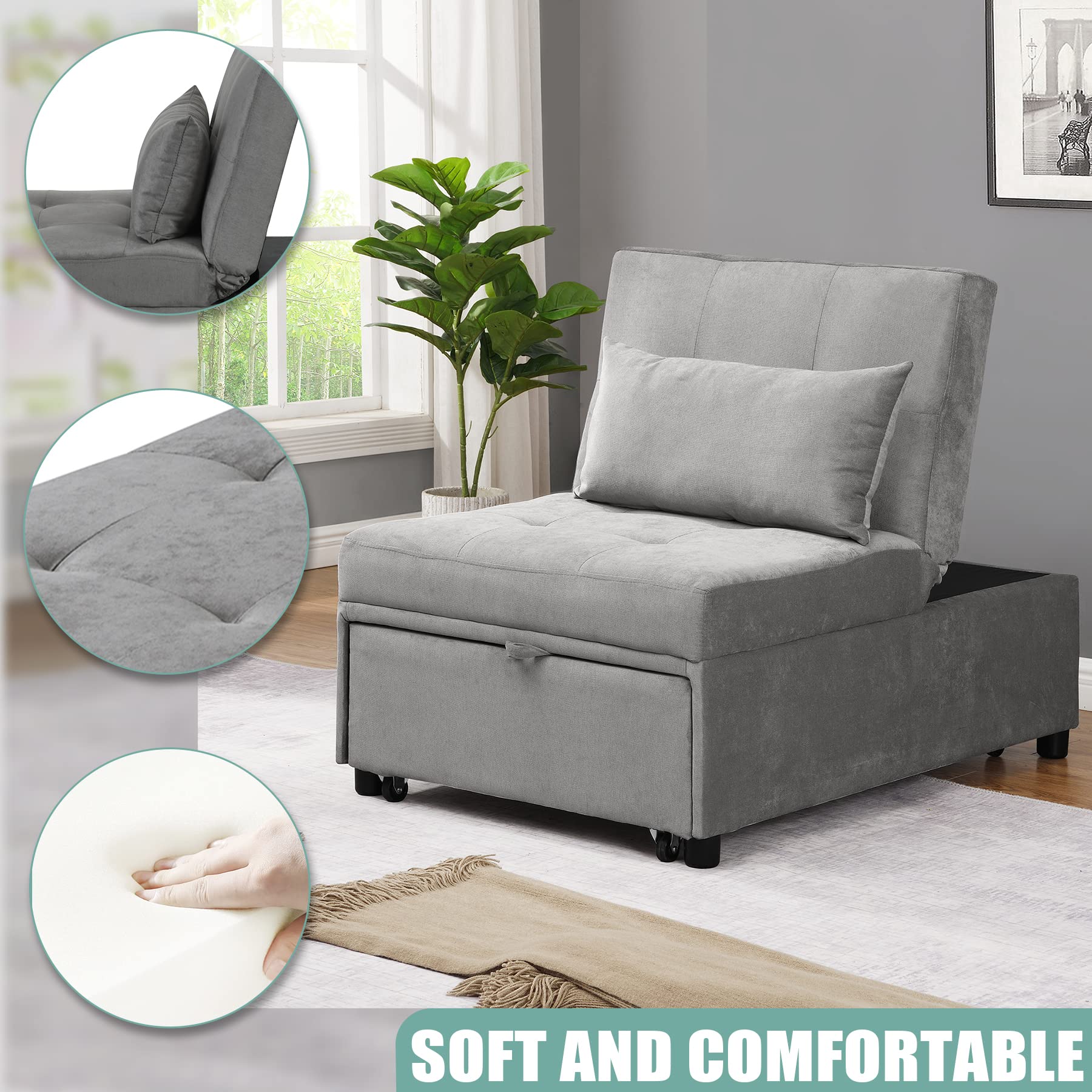 GEEVIVO Sleeper Chair Bed, Convertible Chair Bed 4 in 1 Multi-Function Folding Ottoman Bed Sofa Bed Modern Linen Fabric with Adjustable Backrest for Living Room/Small Apartment