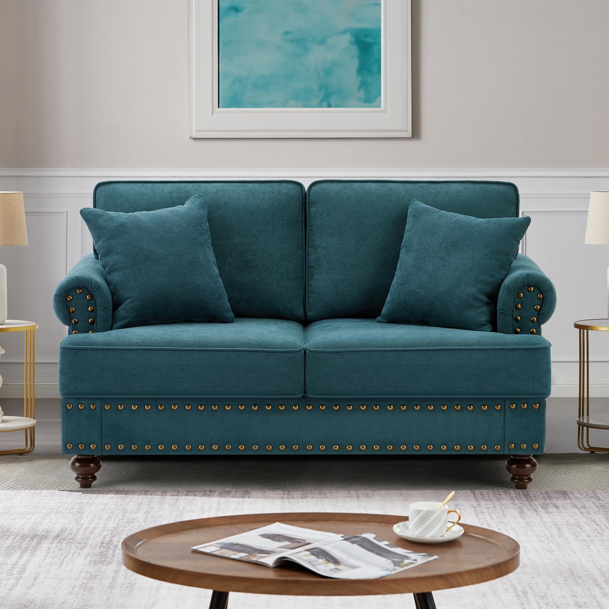 Asucoora Rolled Arm Chenille Upholstered Loveseat, 2-Seater Sofa Couch with Nailhead Trim and 2 Pillows Green