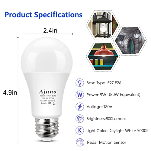 Ajuns Motion Sensor Light Bulbs 10W (100W Equivalent) Motion Activated Dusk to Dawn LED Bulb, Cool White 6000K Outdoor Indoor Sensor Security Light Bulbs, E26 Base, 2Pack