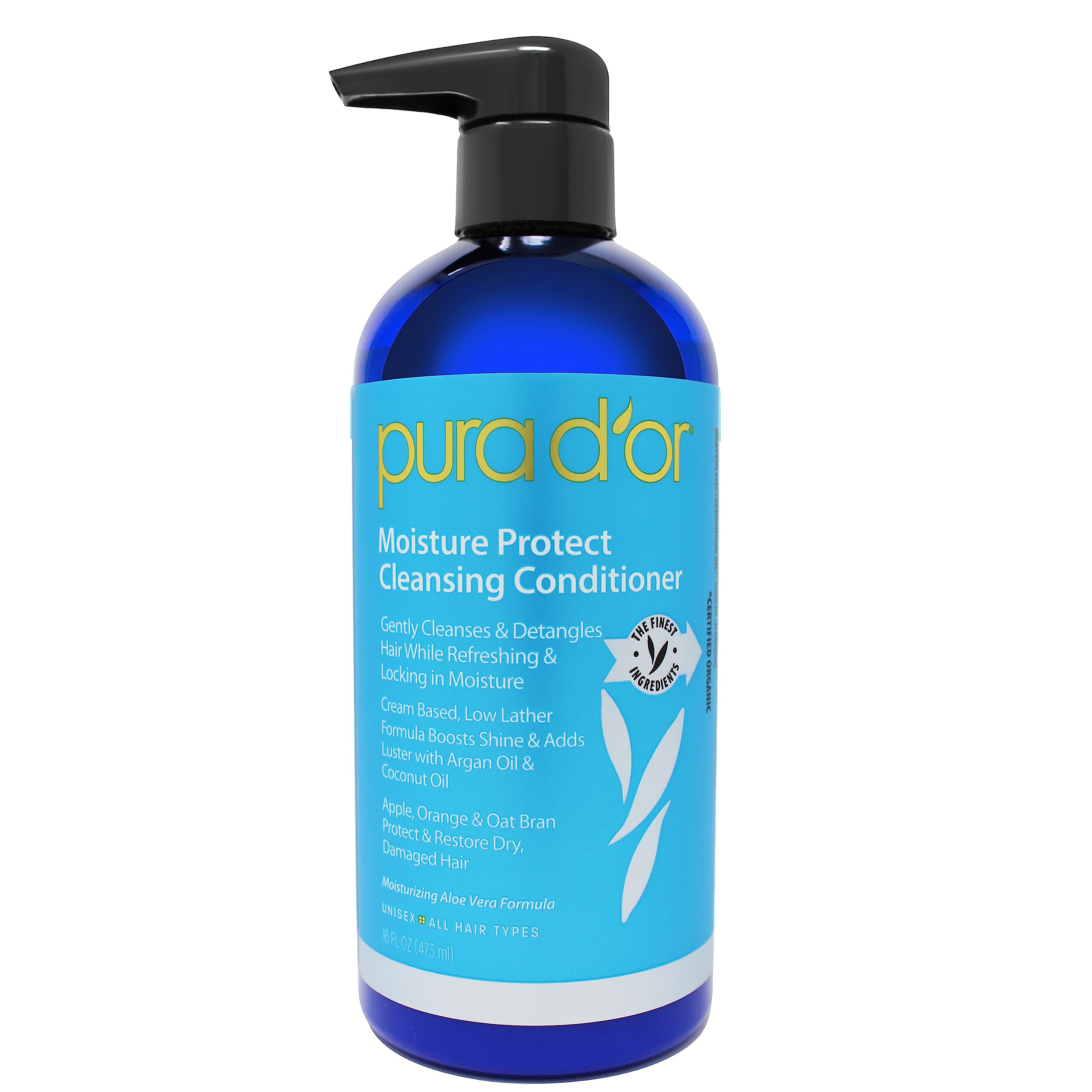 PURA D'OR 16 Oz Moisture Protect Cleansing Conditioner - Low Lather - Detangles & Restores Hair with Argan Oil, Lavender & Other Select Natural Ingredients, No Sulfates - All Hair Types - Men & Women