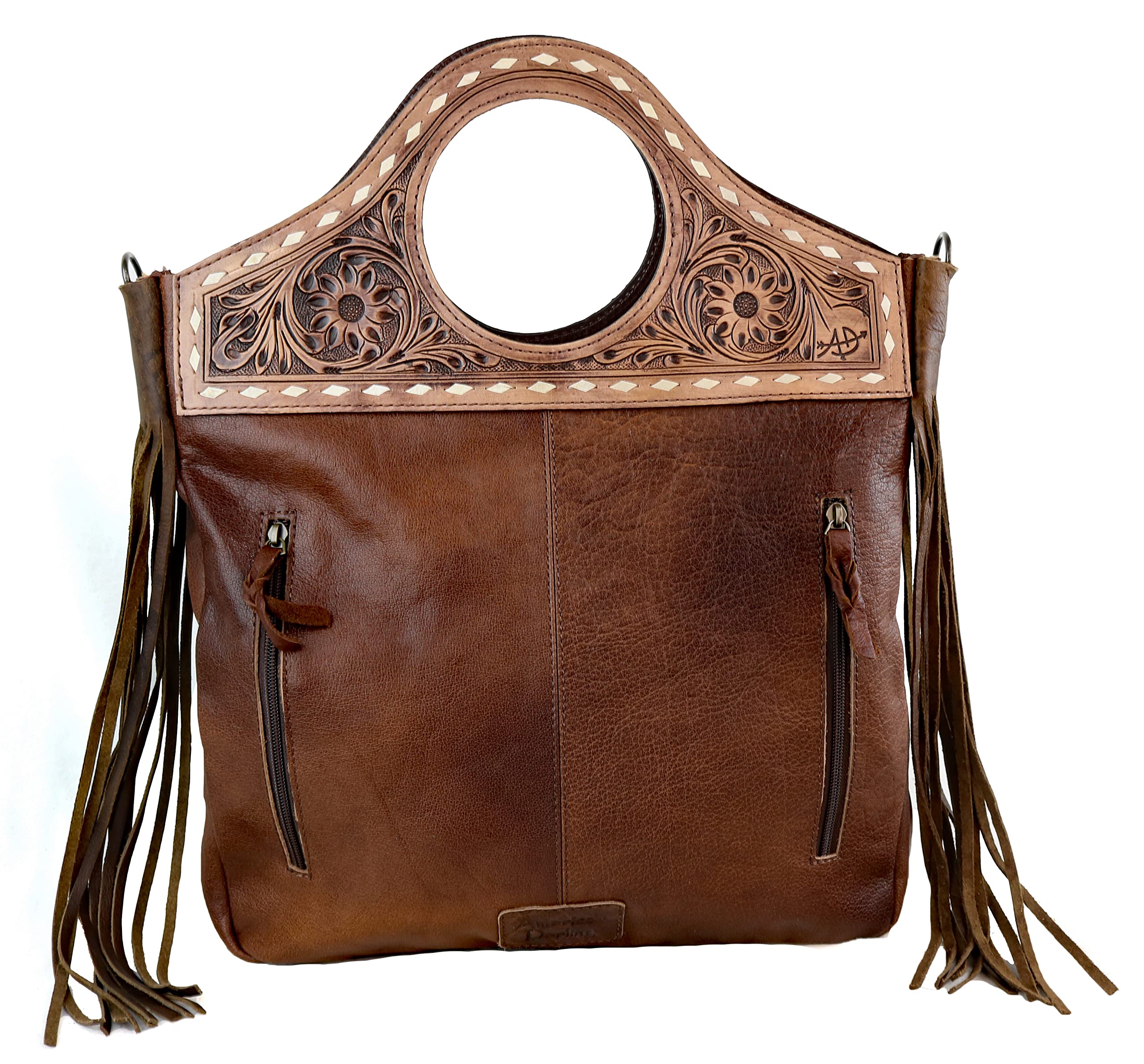 American Darling ADBG347BRAHBR Tooled Leather on Hide Concealed Carry Purse, Brown