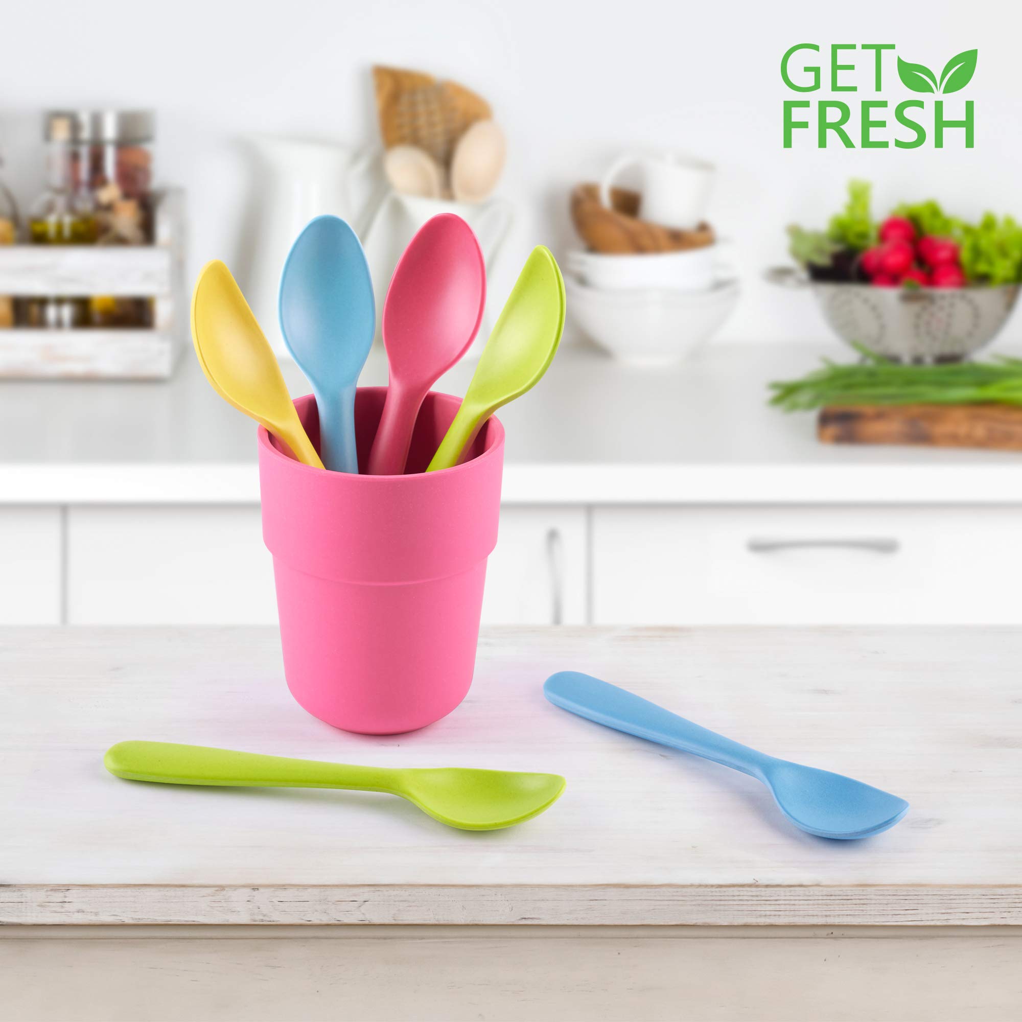 GET FRESH Bamboo Kids Spoons Set – 4-pack Reusable Bamboo Fiber Kids Spoons for Everyday Use – Large Bamboo Kids Cutlery for Daily Mealtime – Colorful Bamboo Utensils for Toddlers and School Children