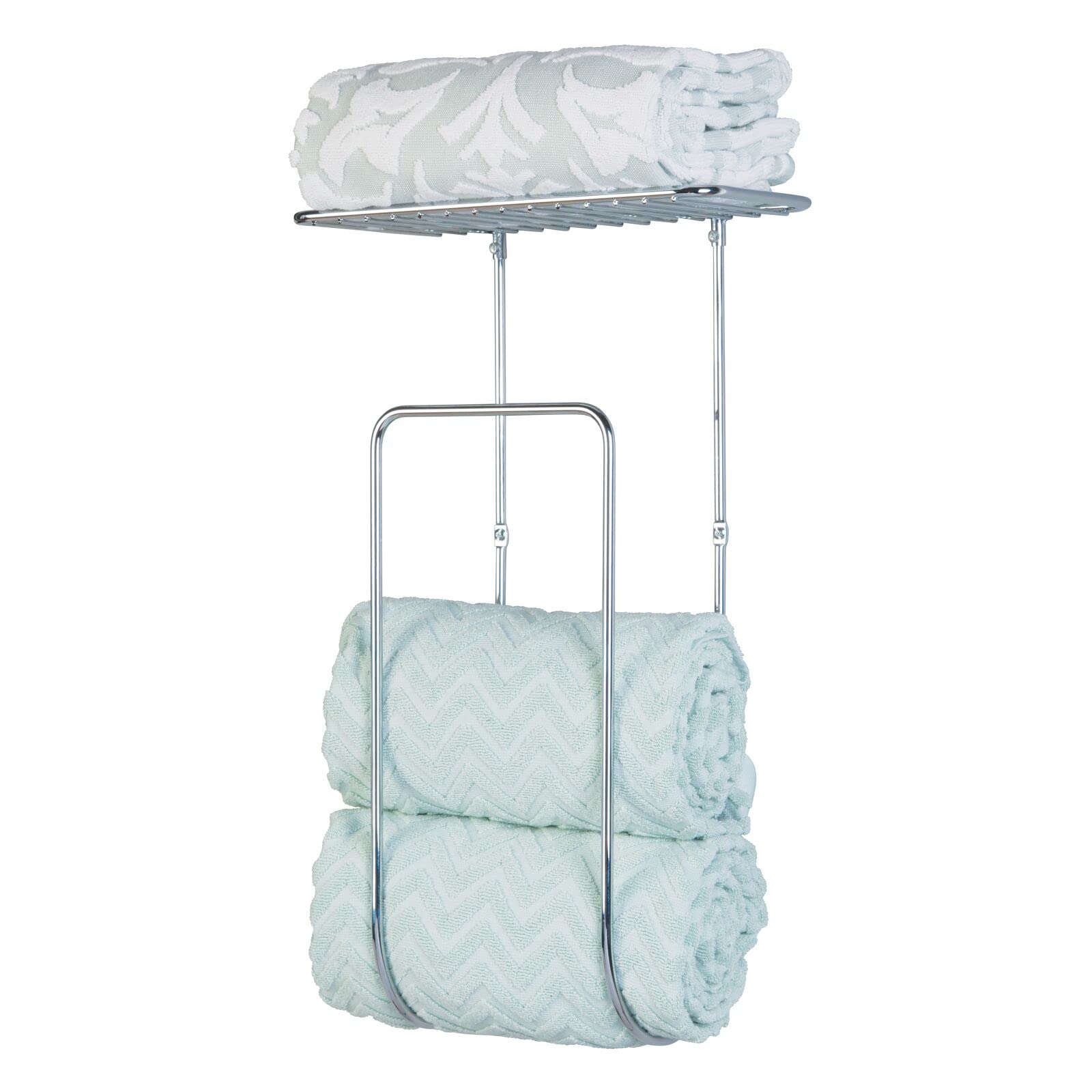 mDesign Steel Wall Mount Towel Rack Holder Organizer with Basket Shelf Storage for Bathroom, Kitchen, Laundry Room - Holds Towels, Washcloths, Hand Towels - Concerto Collection - Chrome