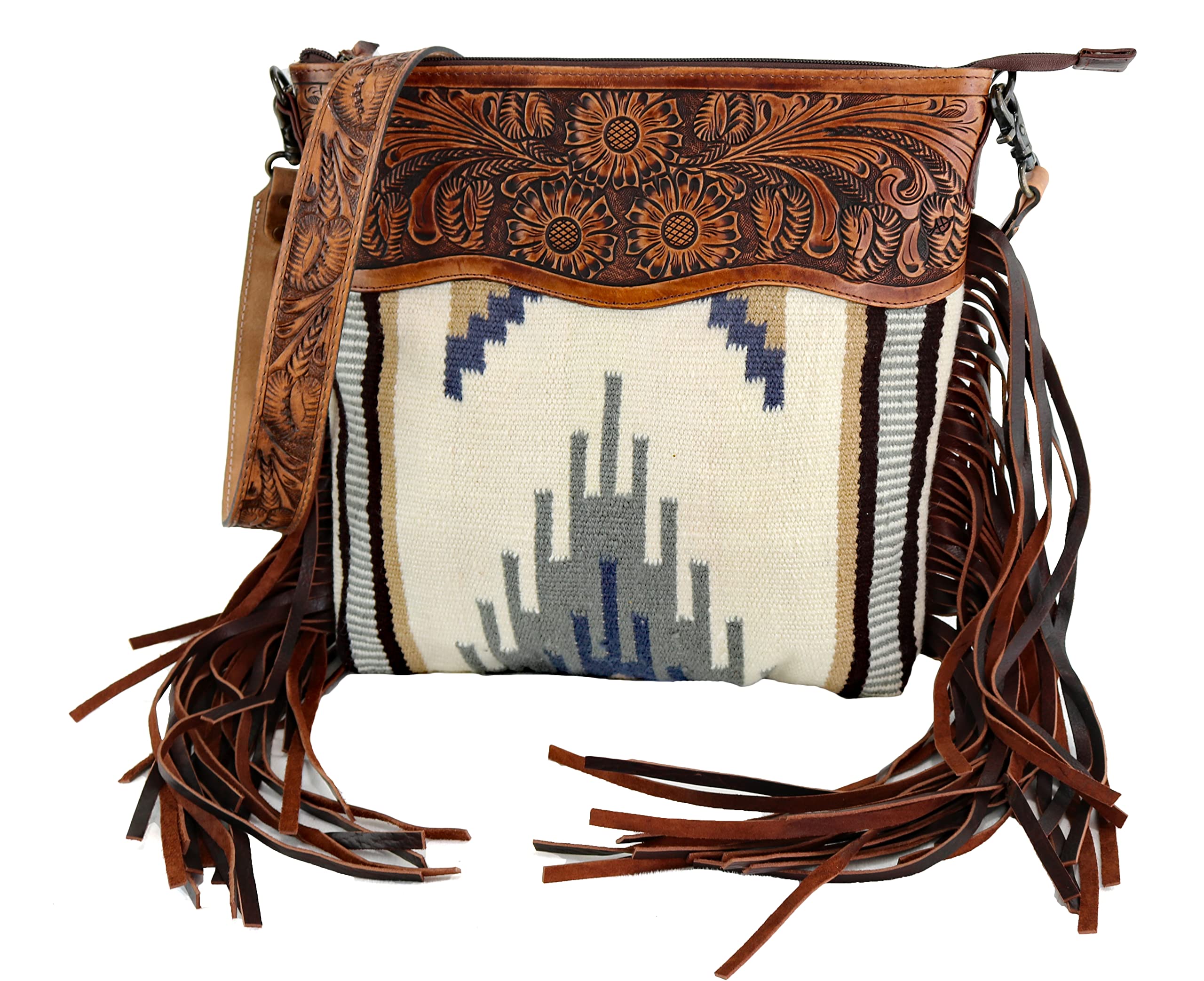 American Darling Aztec And Fringe Crossbody In Cream and Grey ADBGZ579A
