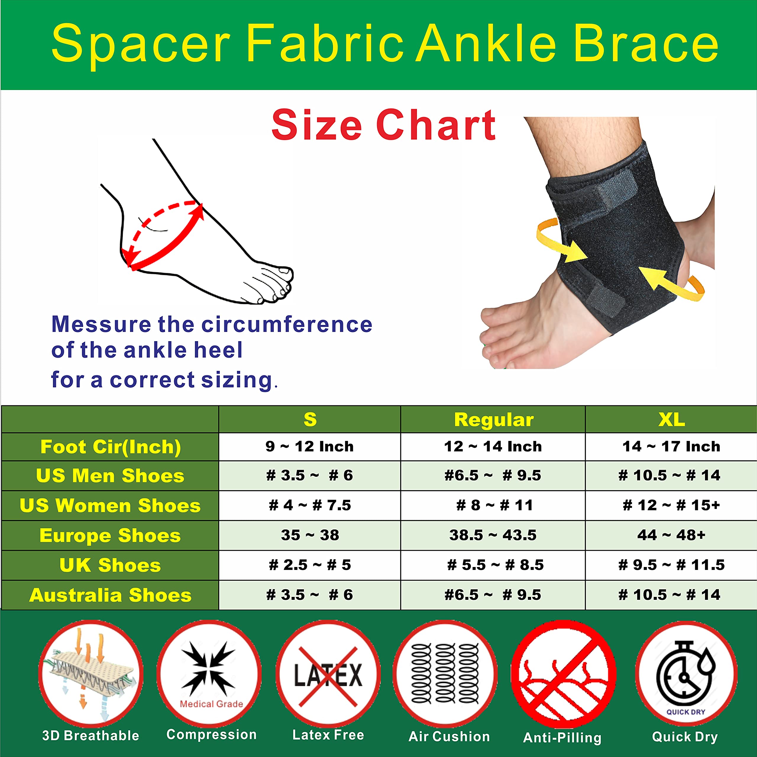 IRUFA, AN-OS-12,3D Breathable Patented Spacer Fabric Adjustable Athletics Achillies Tendon Ankle Wrap, Plantar Fasciitis, Pain Relief for Sprains, Strains, Arthritis and Torn Tendons