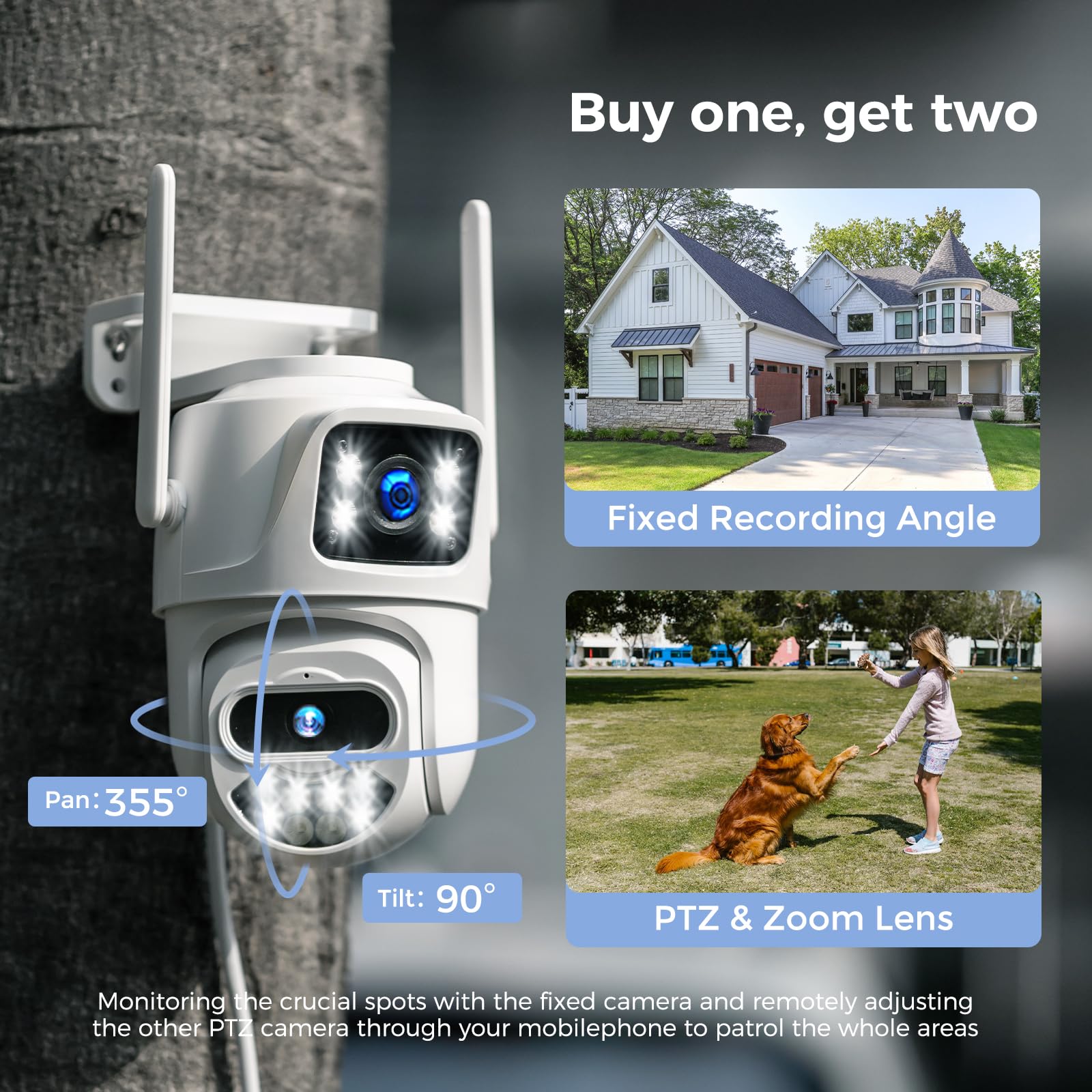 Aomeisi C1 2K Security Camera Outdoor,Plug-in 9.8 Ft Cable,360°View Pan/Tilt,Two-Way Audio,Audible Flashlight Alarm,Motion Alert,SD Slot & Cloud Storage,Work with Alexa & Google Home,CloudEdge
