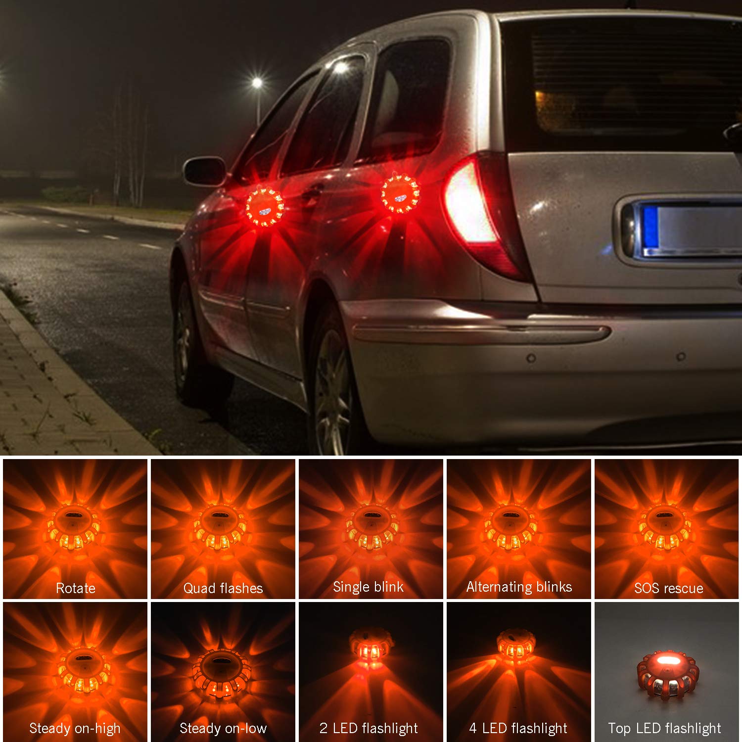 AK [4 Pack] LED Road Flares Safety Flashing Warning Light Roadside Emergency Disc Beacon Kit for Vehicles Boats with Magnetic Base & Hook, Premium Storage Bag (Batteries Not Included) (4)